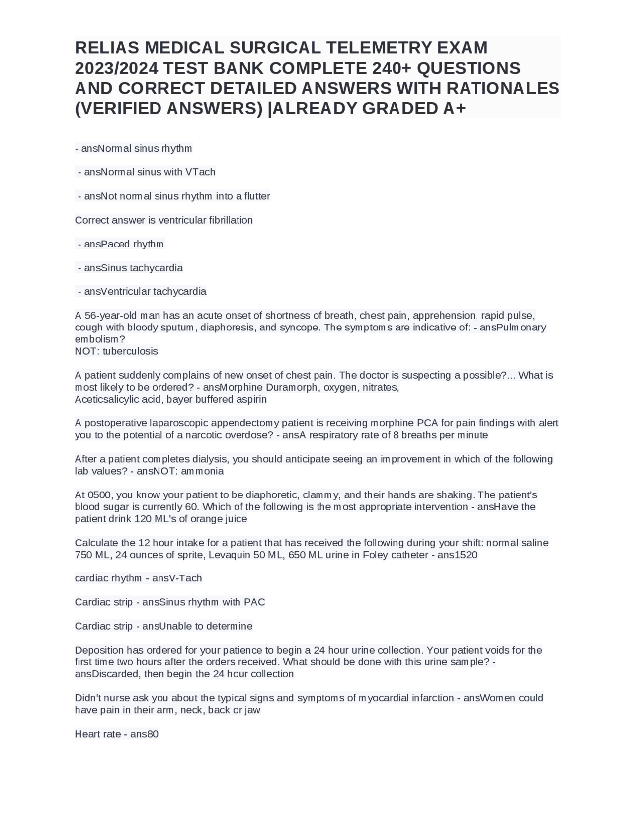 RELIAS MEDICAL SURGICAL TELEMETRY EXAM 2023/2024 TEST BANK COMPLETE 240 ...