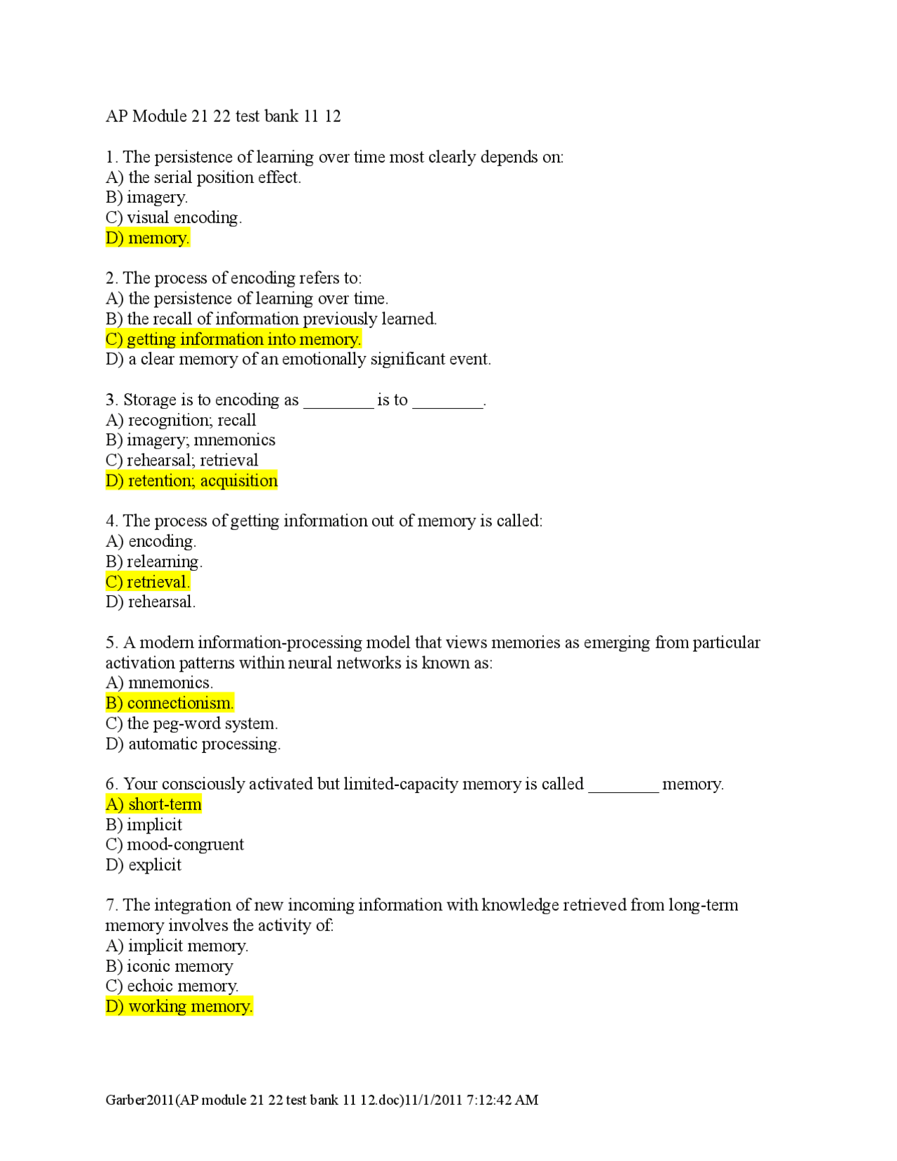 AP Psych Module 11 & 12 Test Bank | Exams Psychology | Docsity