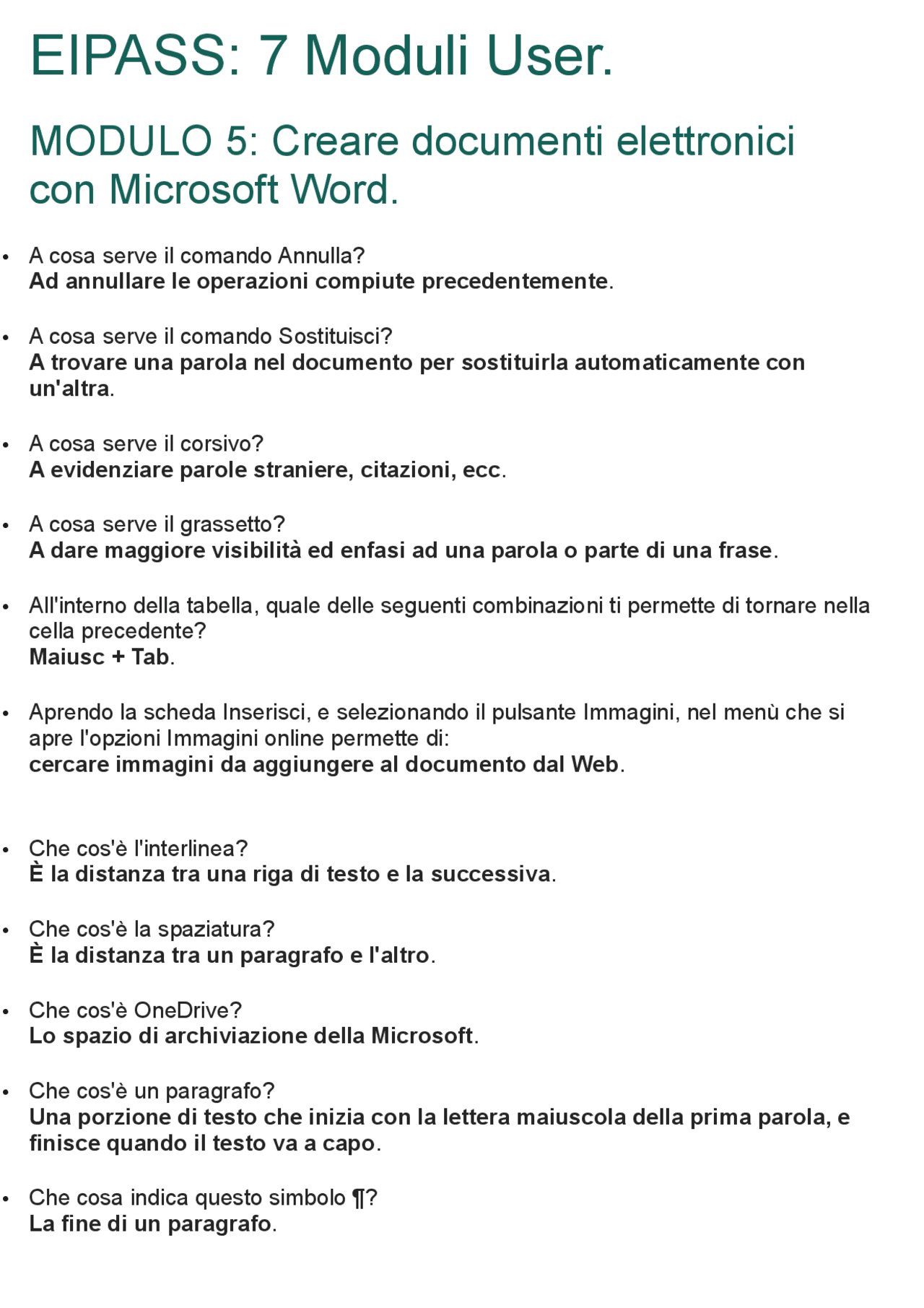 Eipass 7 Moduli User - Modulo 5: Creare documenti elettronici con Microsoft Word (2024). | Prove ...