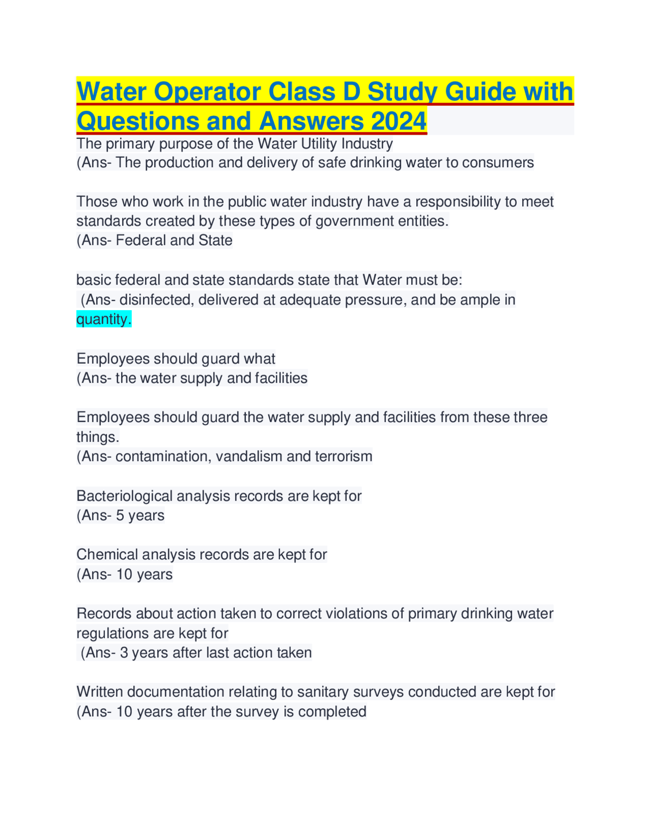 Water Operator Class D Study Guide with Questions and Answers 2024 ...