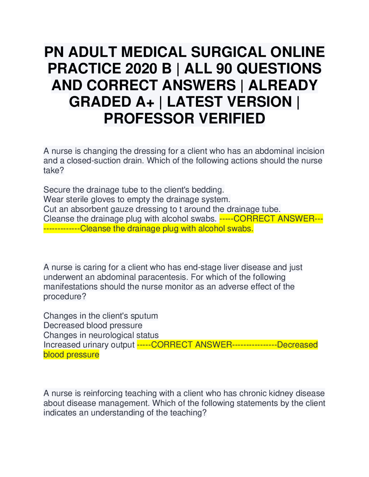 PN ADULT MEDICAL SURGICAL ONLINE PRACTICE 2020 B | ALL 90 QUESTIONS AND ...