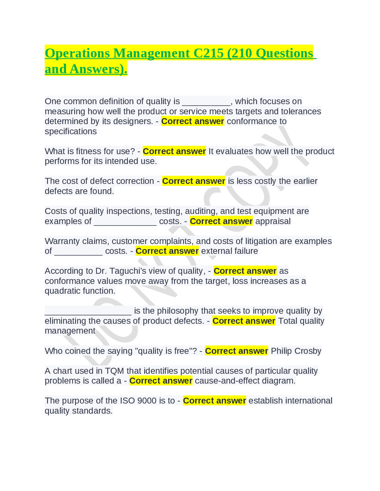 Operations Management C215 (210 Questions and Answers). | Exams Production and Operations ...