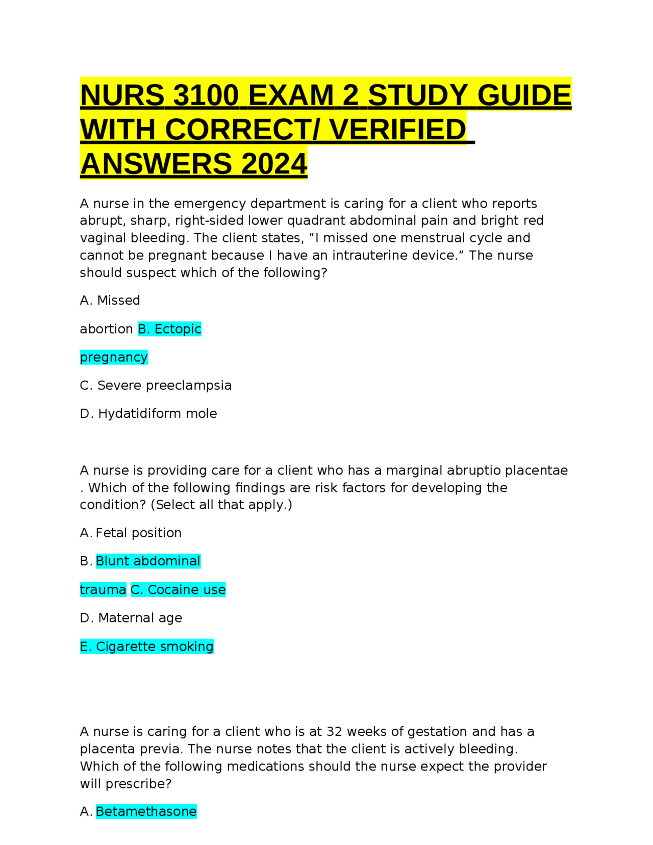 NURS 3100 EXAM 2 STUDY GUIDE WITH CORRECT/ VERIFIED ANSWERS 2024 ...
