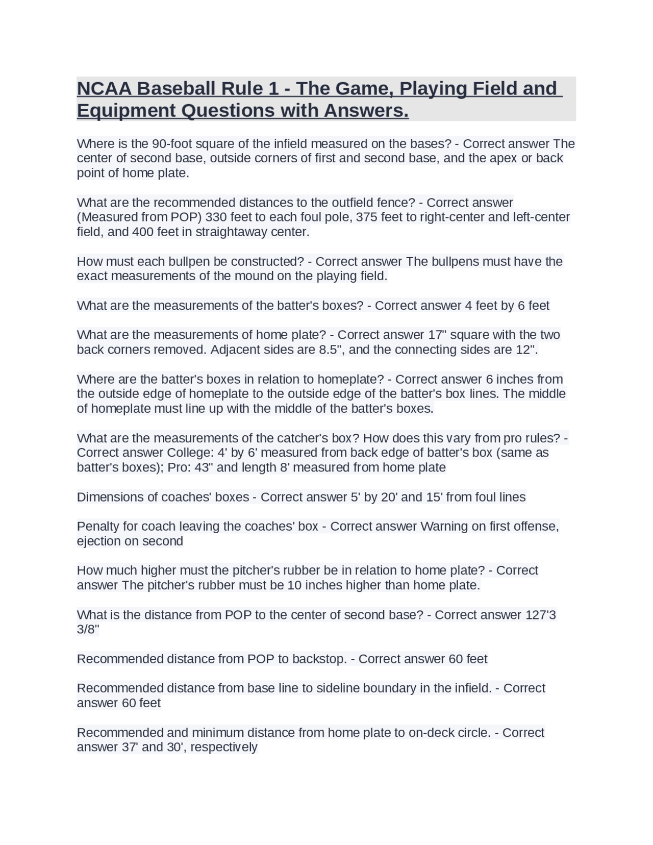 NCAA Baseball Rule 1 - The Game, Playing Field and Equipment Questions ...