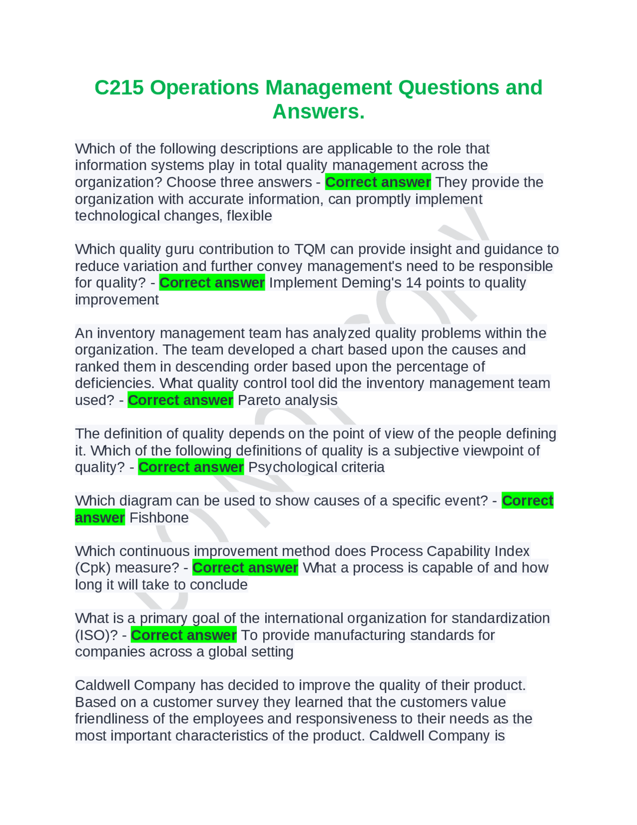 C215 Operations Management Questions and Answers. | Exams Production ...