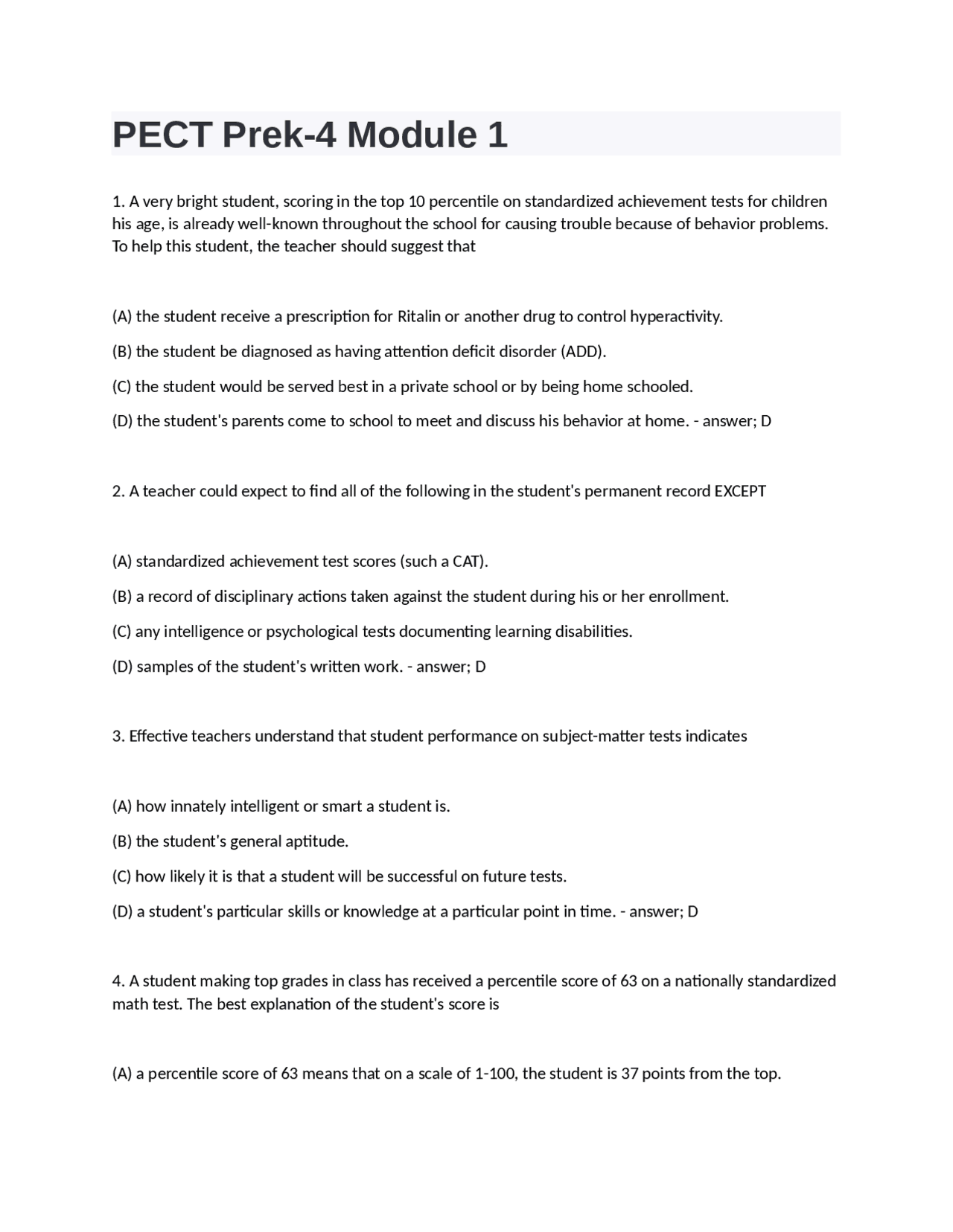 pect_prek_4_module_1 questions with answers | Exams Nursing | Docsity