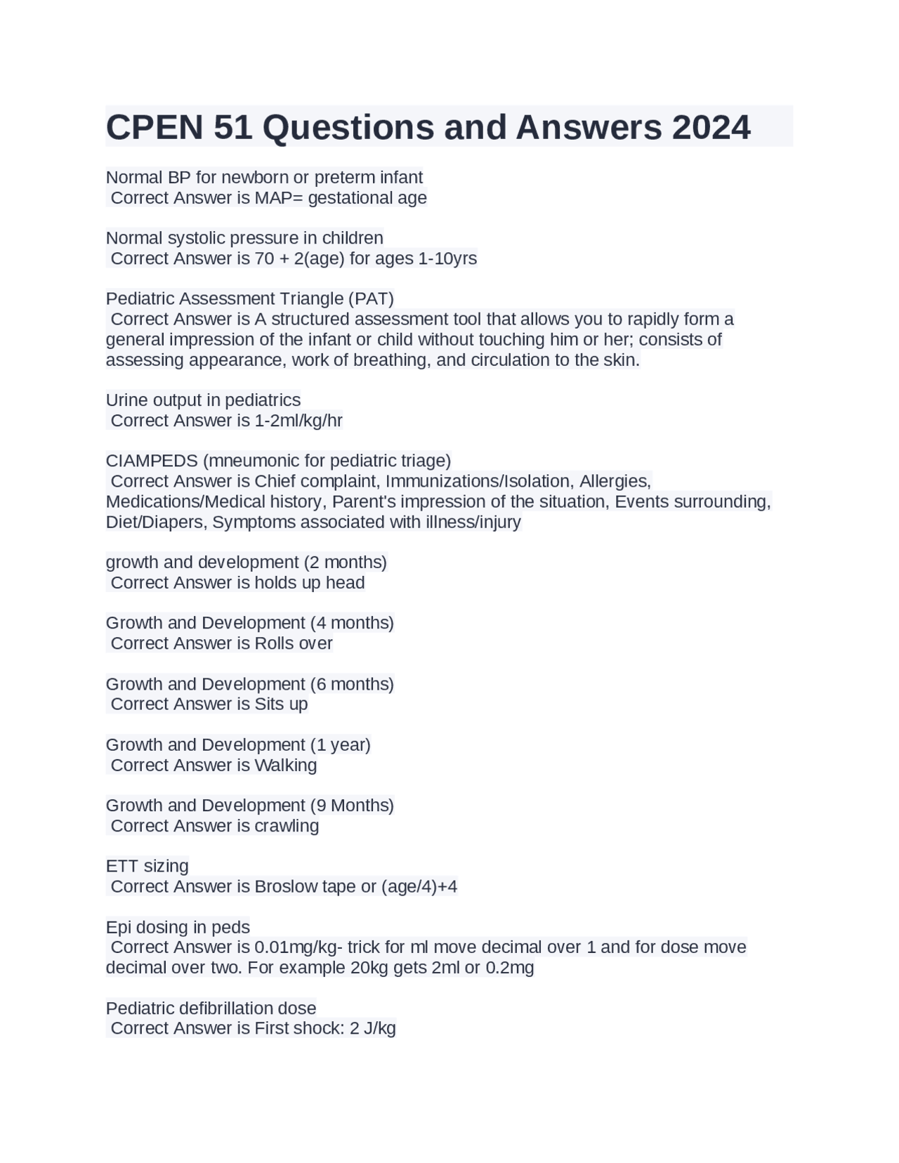 CPEN 51 Questions and Answers 2024 | Exams Nursing | Docsity