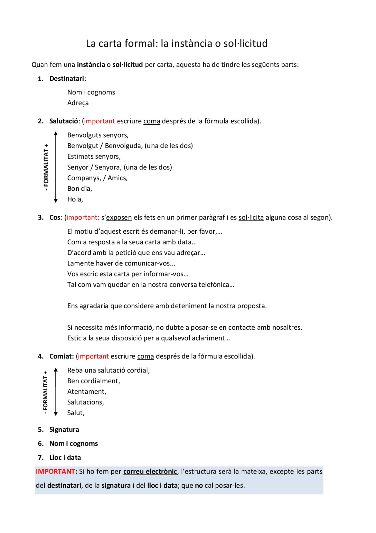 Teoria model de la carta formal | Apuntes de Idioma Catalán | Docsity