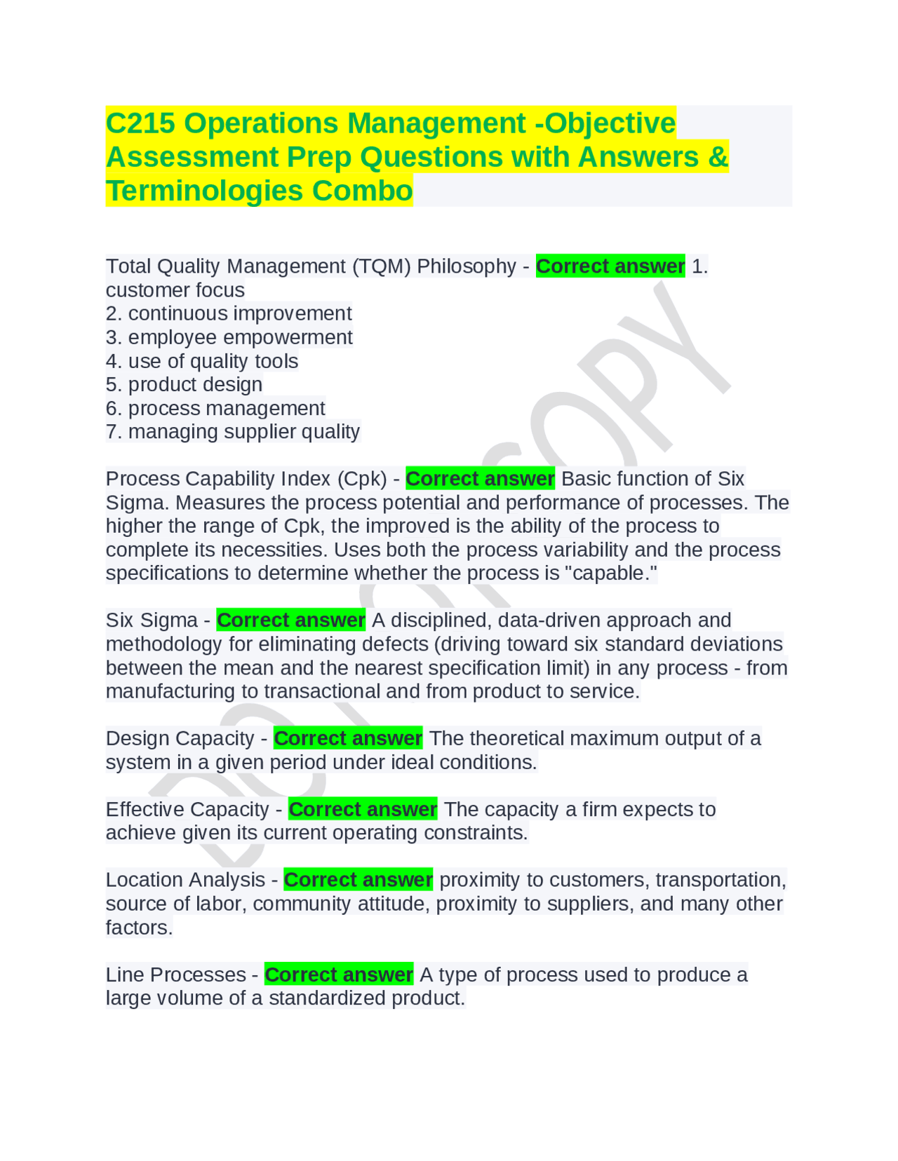 C215 Operations Management -Objective Assessment Prep Questions with ...