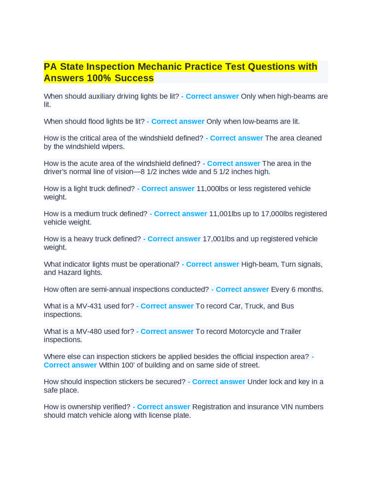 PA State Inspection Mechanic Practice Test Questions with Answers 100% ...