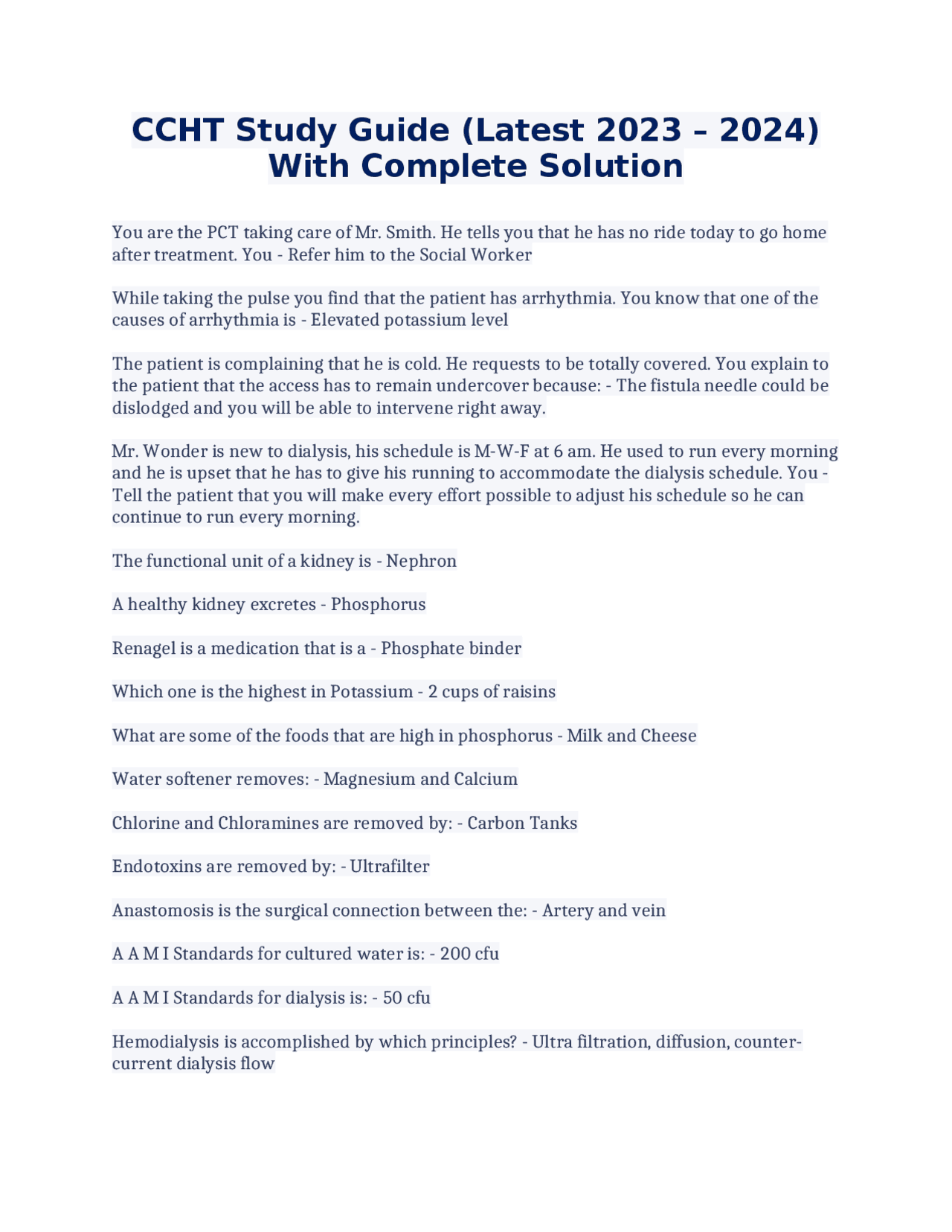 CCHT Study Guide (Latest 2023 – 2024) With Complete Solution | Exams ...