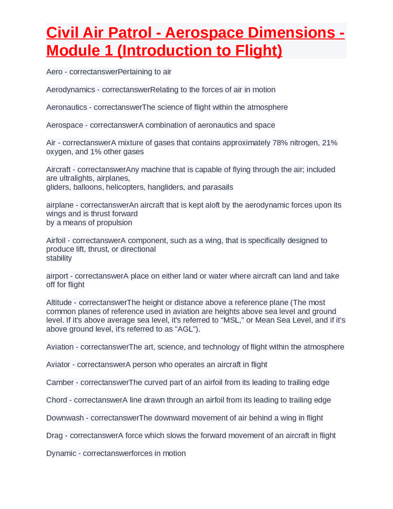 Aviation Terms: Module 1 - Introduction to Flight | Exams Nursing | Docsity