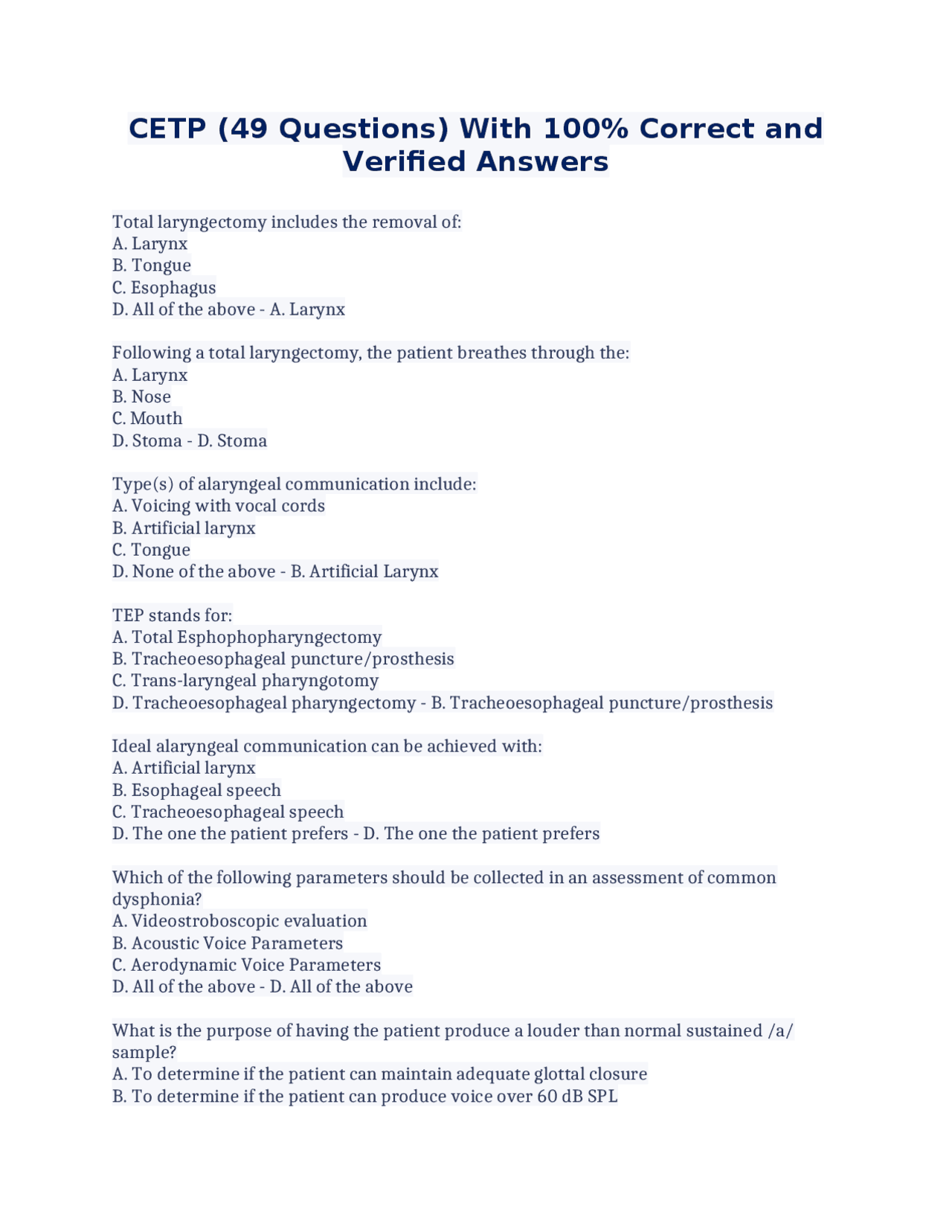 CETP (49 Questions) With 100% Correct and Verified Answers | Exams ...