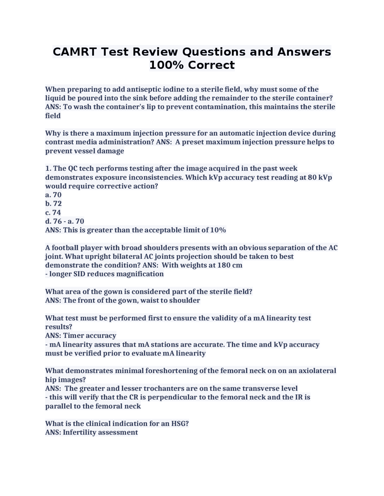 CAMRT Test Review Questions and Answers 100% Correct | Exams Health ...