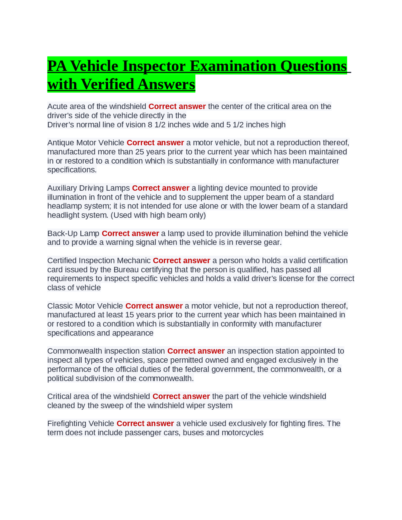 PA Vehicle Inspector Examination Questions with Verified Answers ...