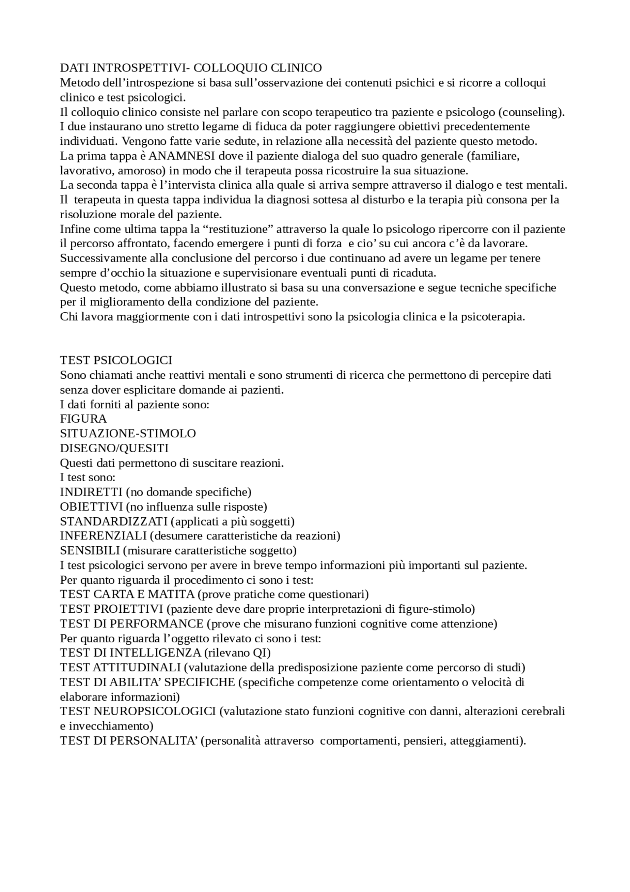 Dati introspettivi, colloquio clinico e test psicologici | Schemi e ...