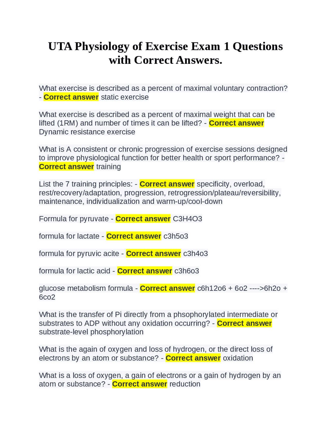 UTA Physiology of Exercise Exam 1 Questions with Correct Answers ...
