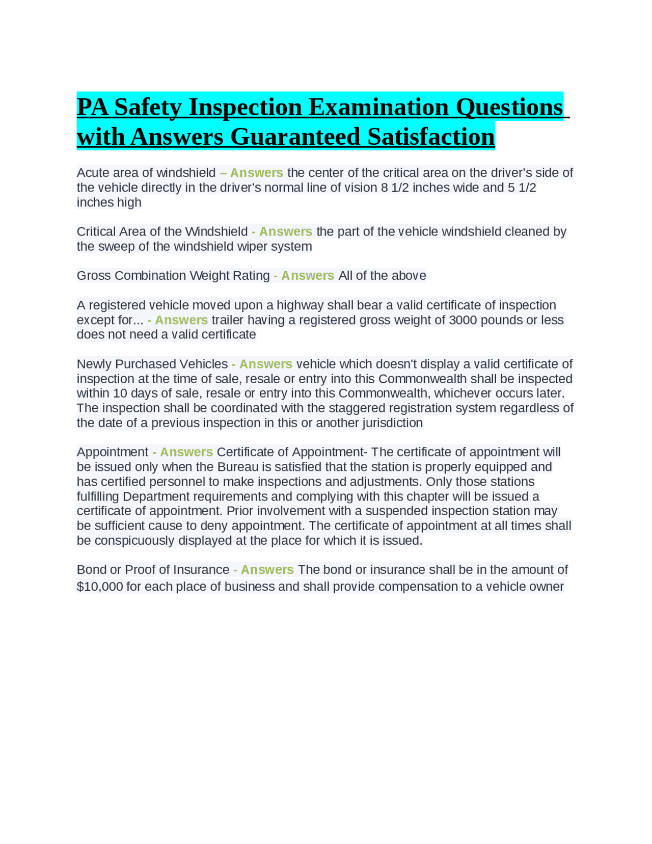 PA Safety Inspection Examination Questions with Answers Guaranteed ...