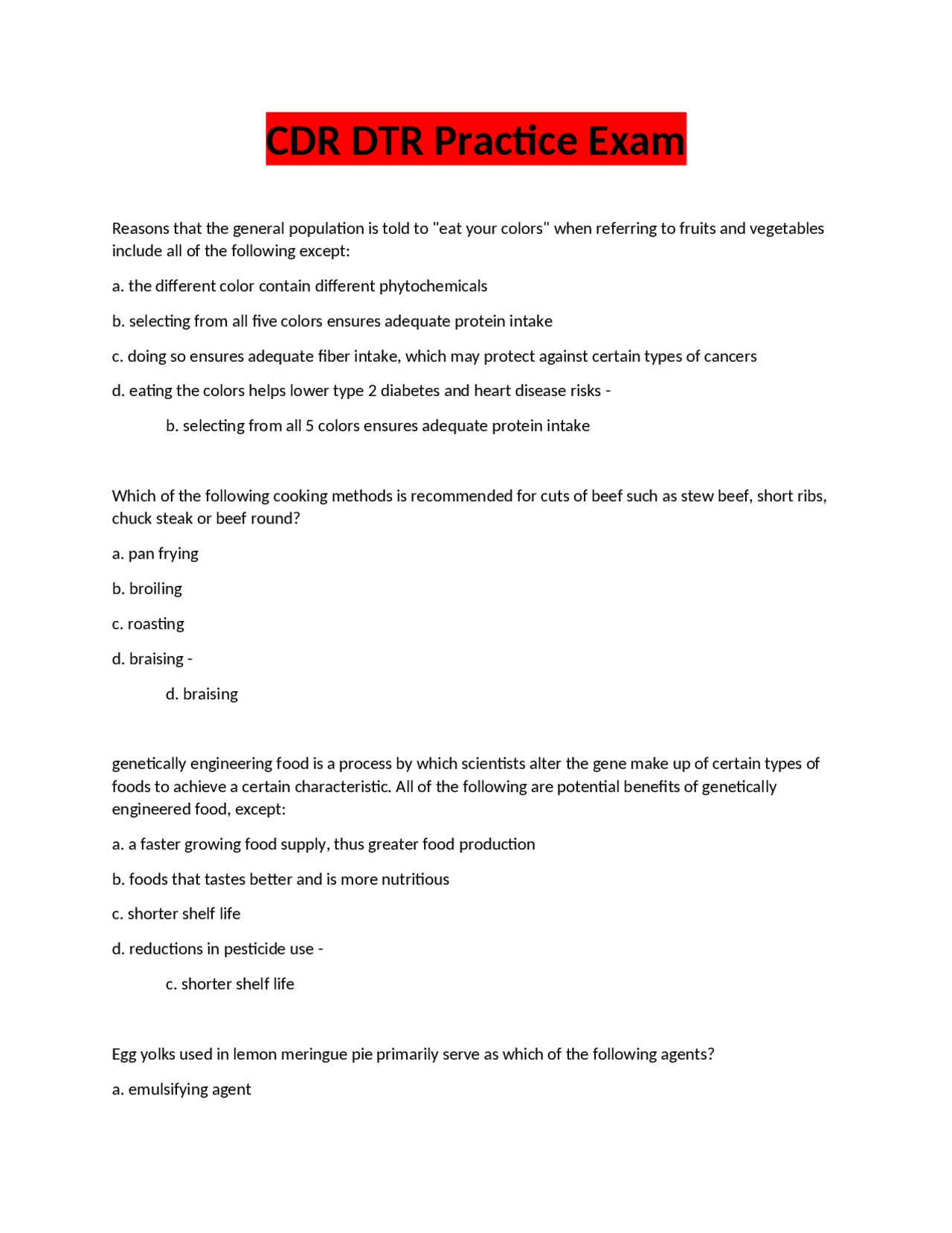 CDR DTR Practice Exam | Exams Dietetics | Docsity