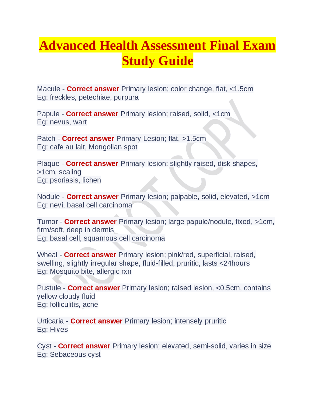 Advanced Health Assessment Final Exam Study Guide | Exams Nursing | Docsity