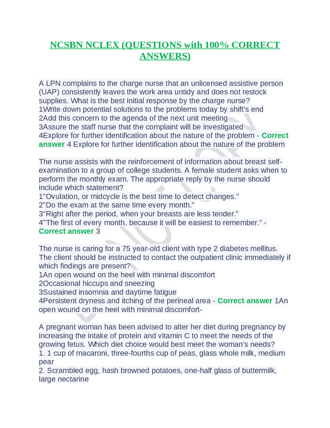 NCSBN NCLEX (QUESTIONS with 100% CORRECT ANSWERS) | Exams Nursing | Docsity