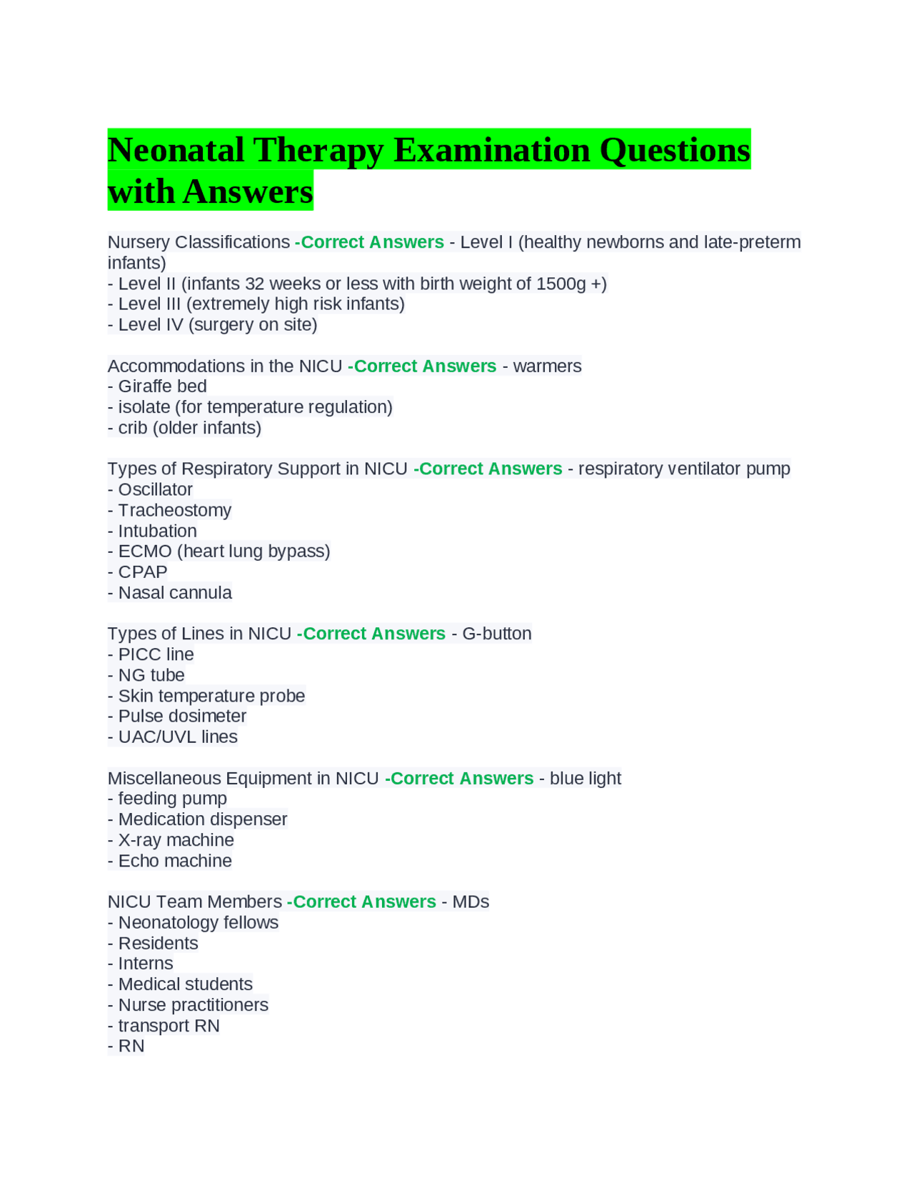 Neonatal Therapy Examination Questions with Answers | Exams Nursing ...