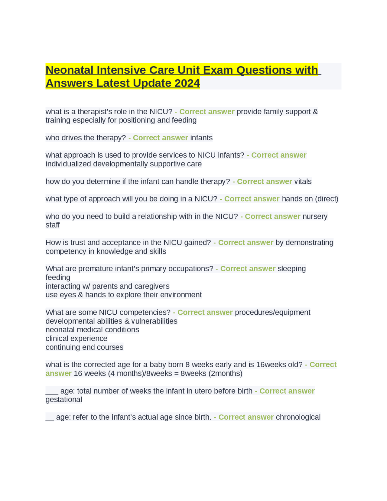 Neonatal Intensive Care Unit Exam Questions with Answers Latest Update ...