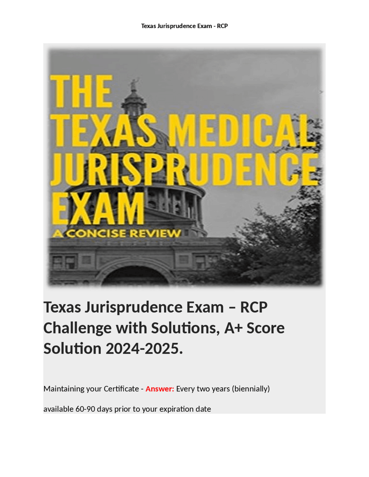 Texas Jurisprudence Exam – RCP Challenge with Solutions, A+ Score ...