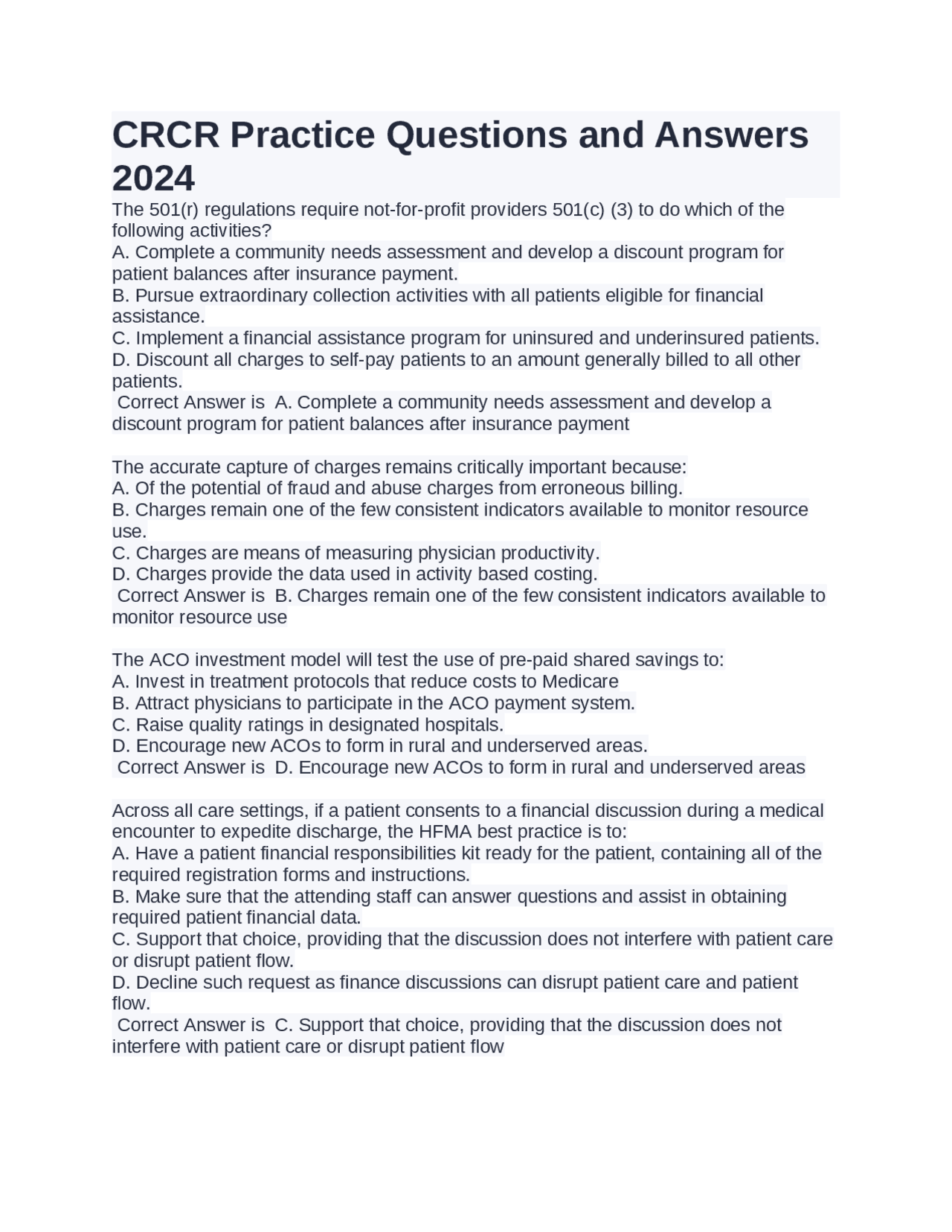 CRCR Practice Questions and Answers 2024 | Exams Nursing | Docsity