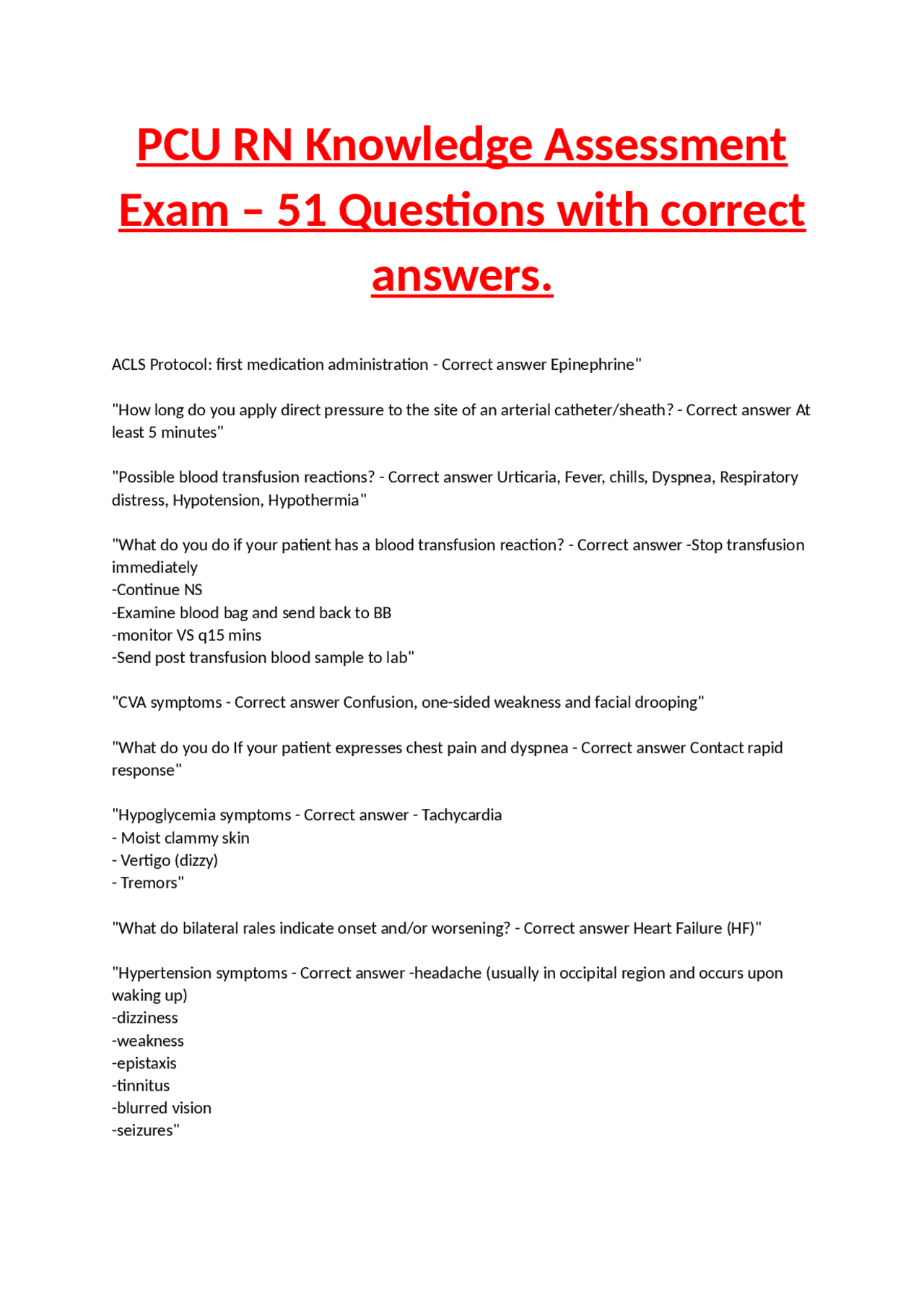 PCU RN Knowledge Assessment Exam – 51 Questions with correct answers ...