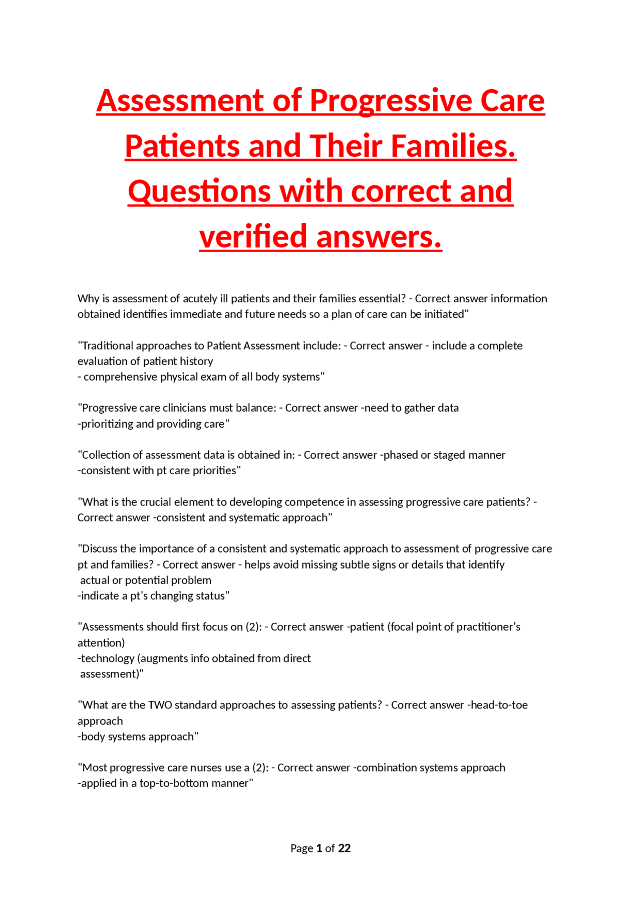 Assessment of Progressive Care Patients and Their Families. Questions ...