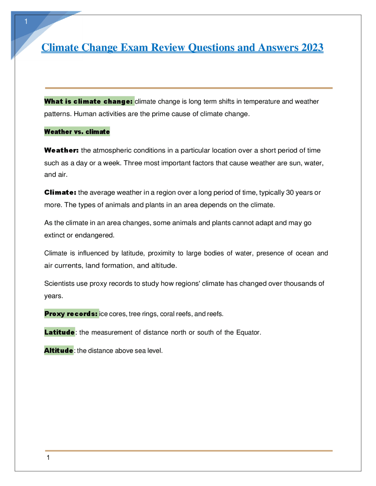 Climate Change Exam Review Questions and Answers 2023 | Exams ...