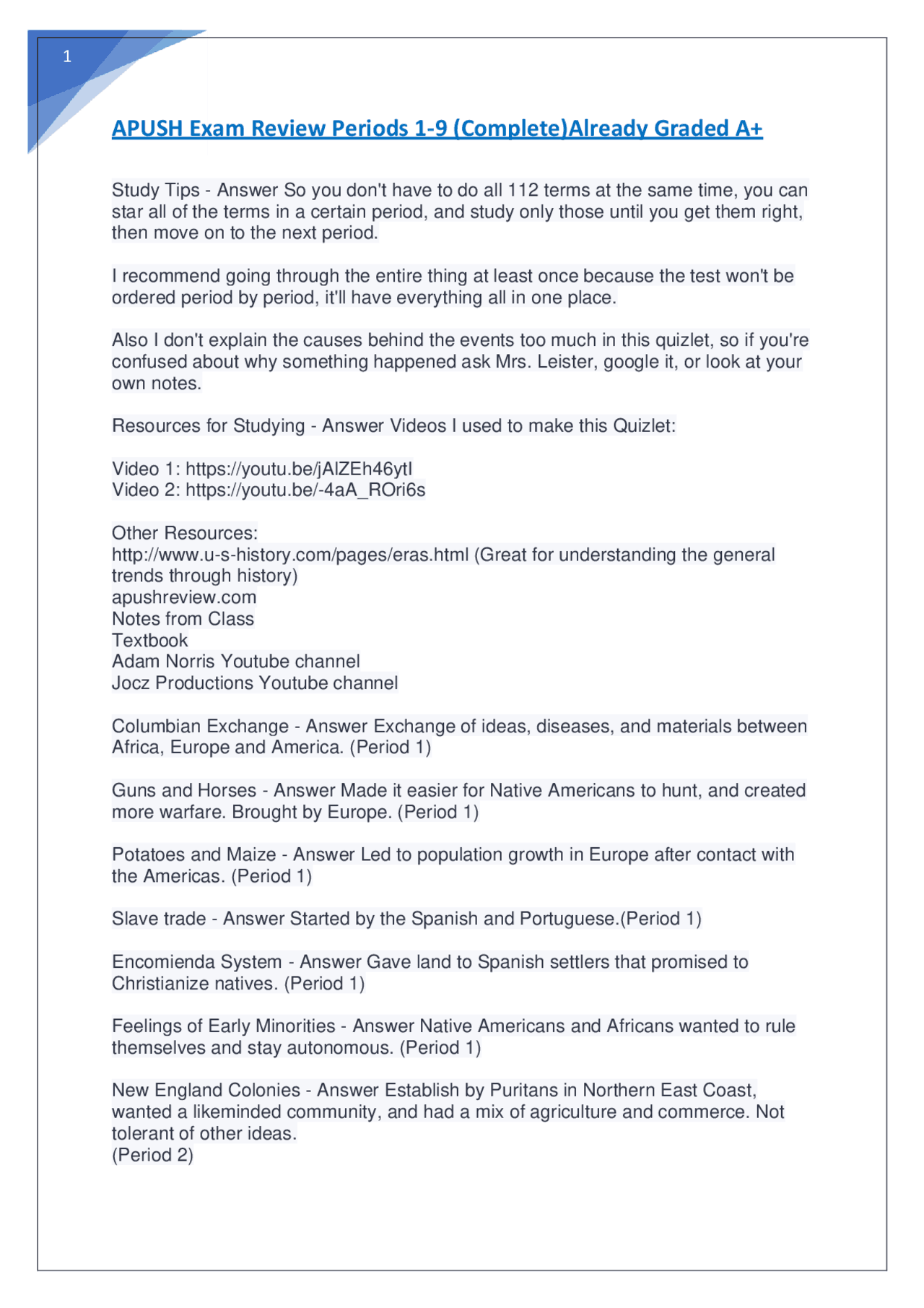 APUSH Exam Review Periods 1-9 (Complete)Already Graded A+ | Exams ...