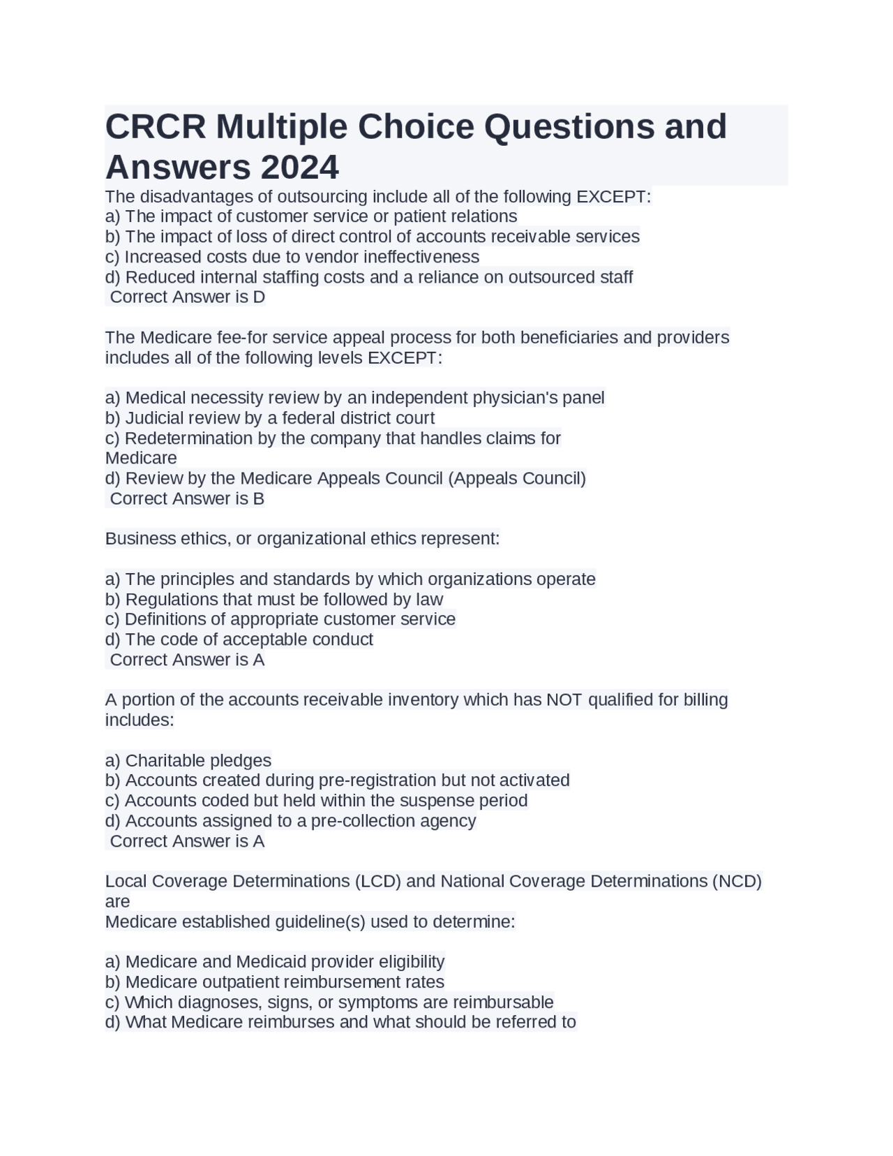 CRCR Multiple Choice Questions and Answers 2024 | Exams Nursing | Docsity