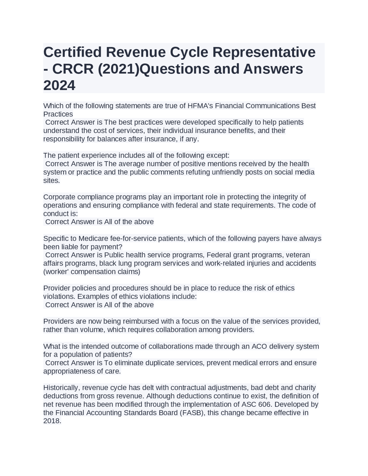 Certified Revenue Cycle Representative - CRCR (2021)Questions and Answers 2024 | Exams Nursing ...