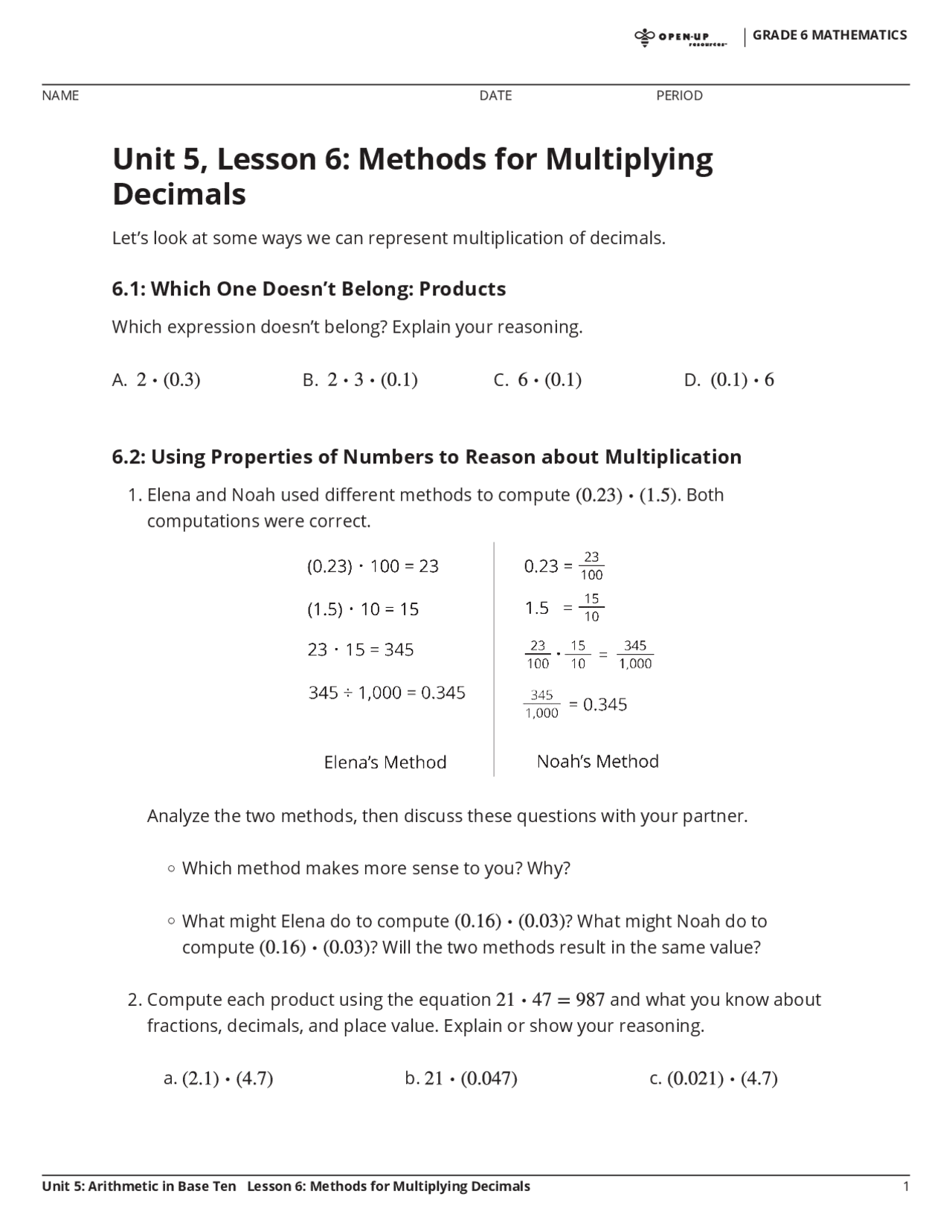 Methods for Multiplying Decimals: Sixth Grade Mathematics Lesson ...