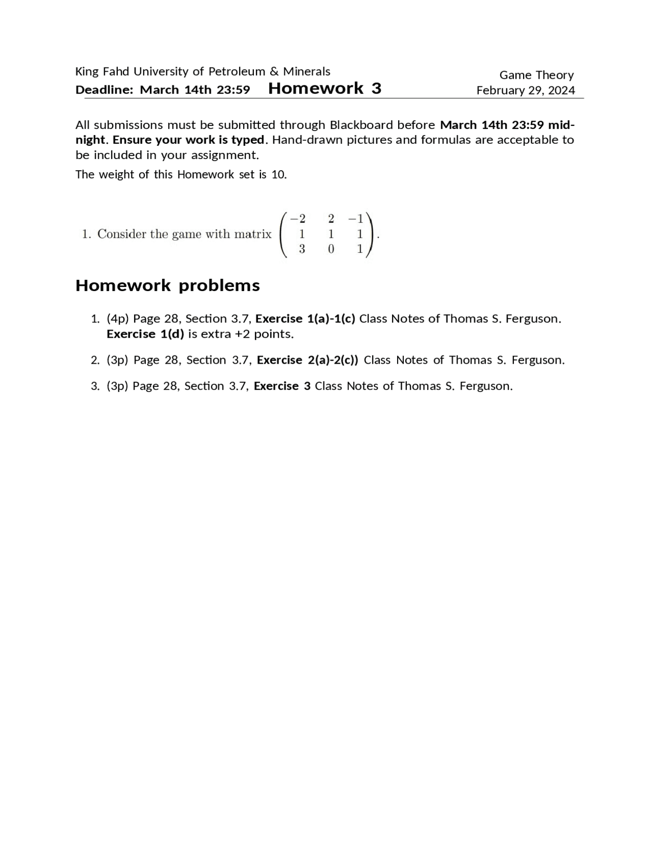 Consider the game with matrix. | Assignments Game Theory | Docsity