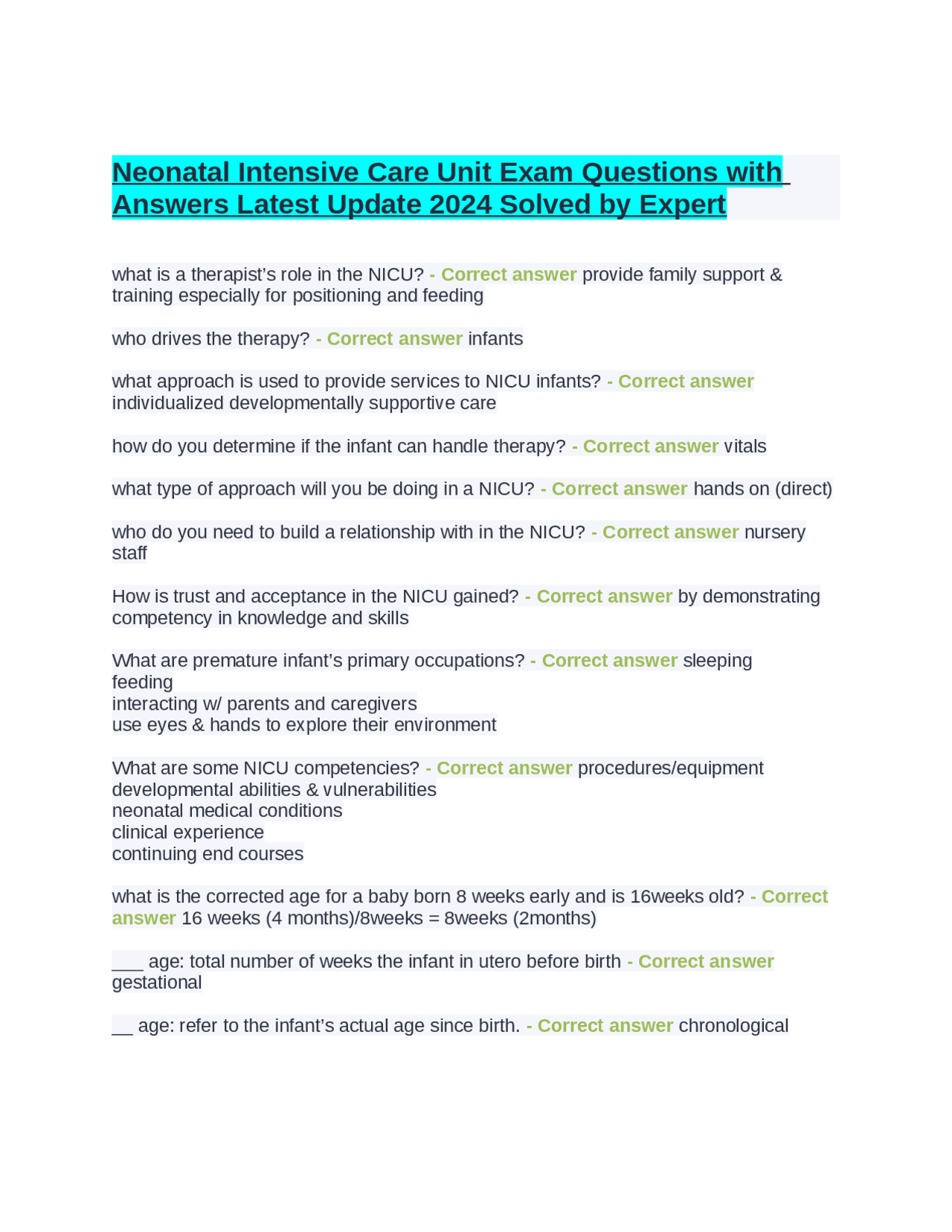 Neonatal Intensive Care Unit Exam Questions with Answers Latest Update ...