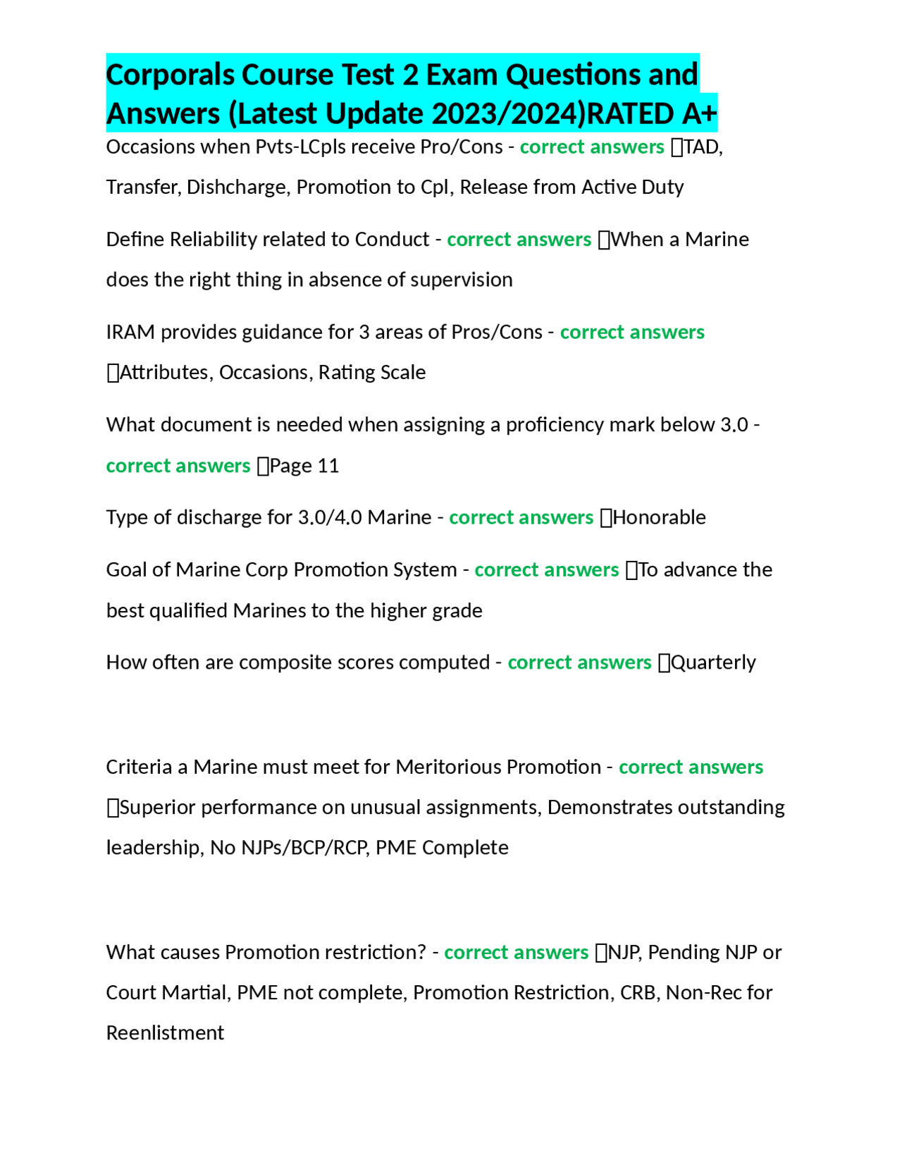 Corporals Course Test 2 Exam Questions and Answers (Latest Update 2023/ ...