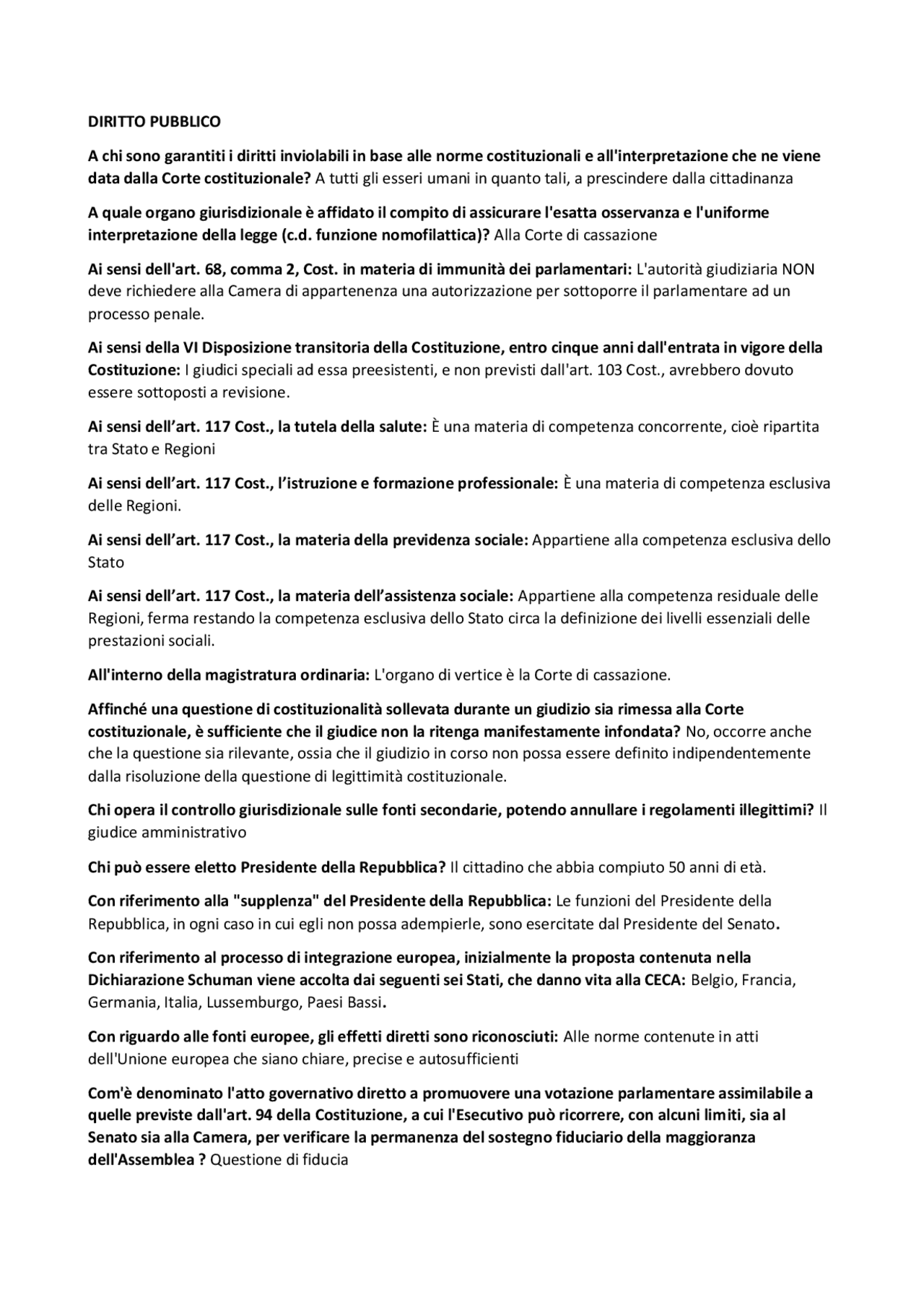 Diritto pubblico risposte chiuse | Panieri di Diritto Pubblico | Docsity