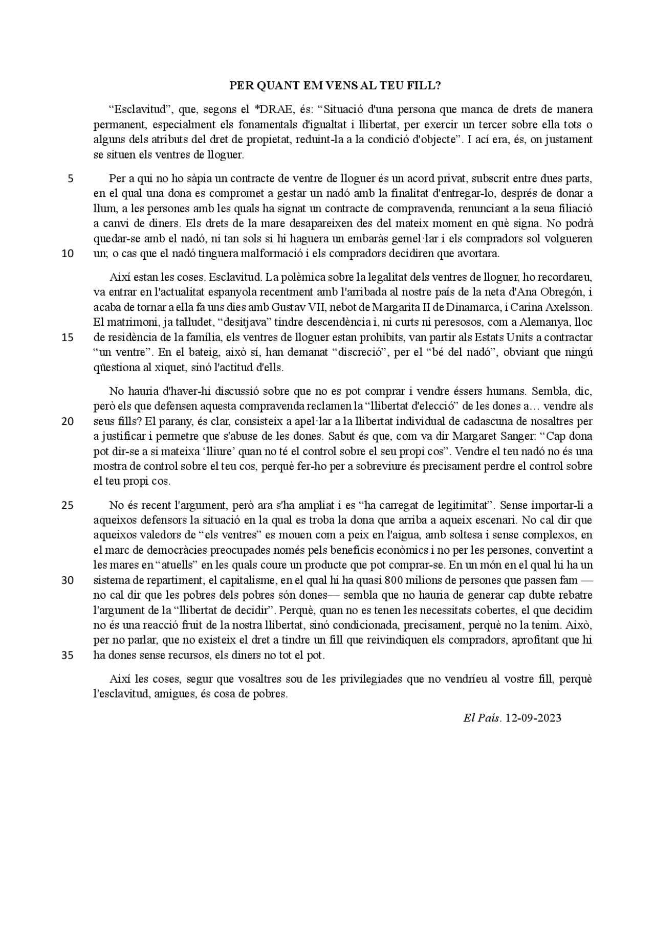 Textos para practicar | Ejercicios de Valenciano | Docsity