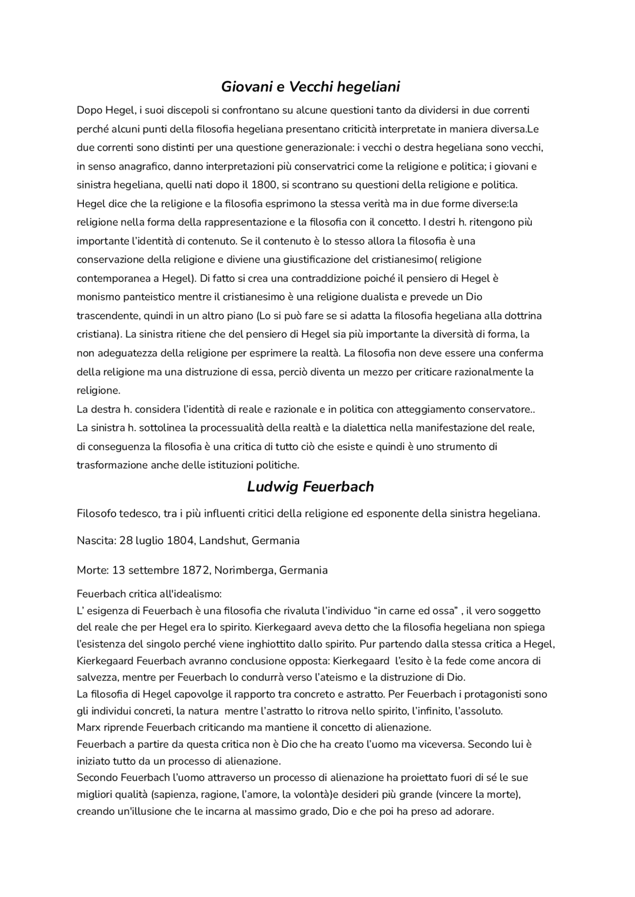 Giovani e Vecchi hegeliani e Feuerbach | Schemi e mappe concettuali di Filosofia | Docsity