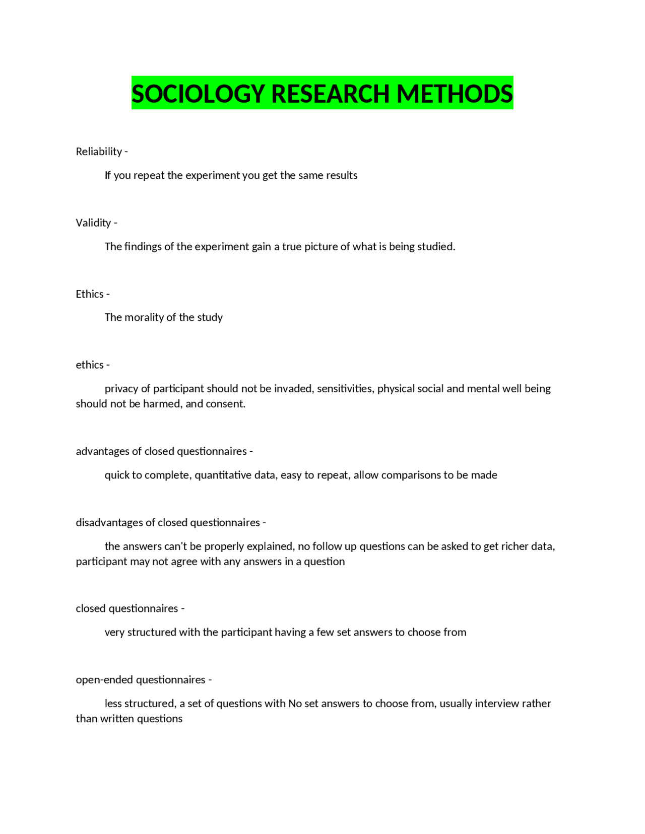 Research Methods in Sociology: Reliability, Validity, Ethics, and Data ...