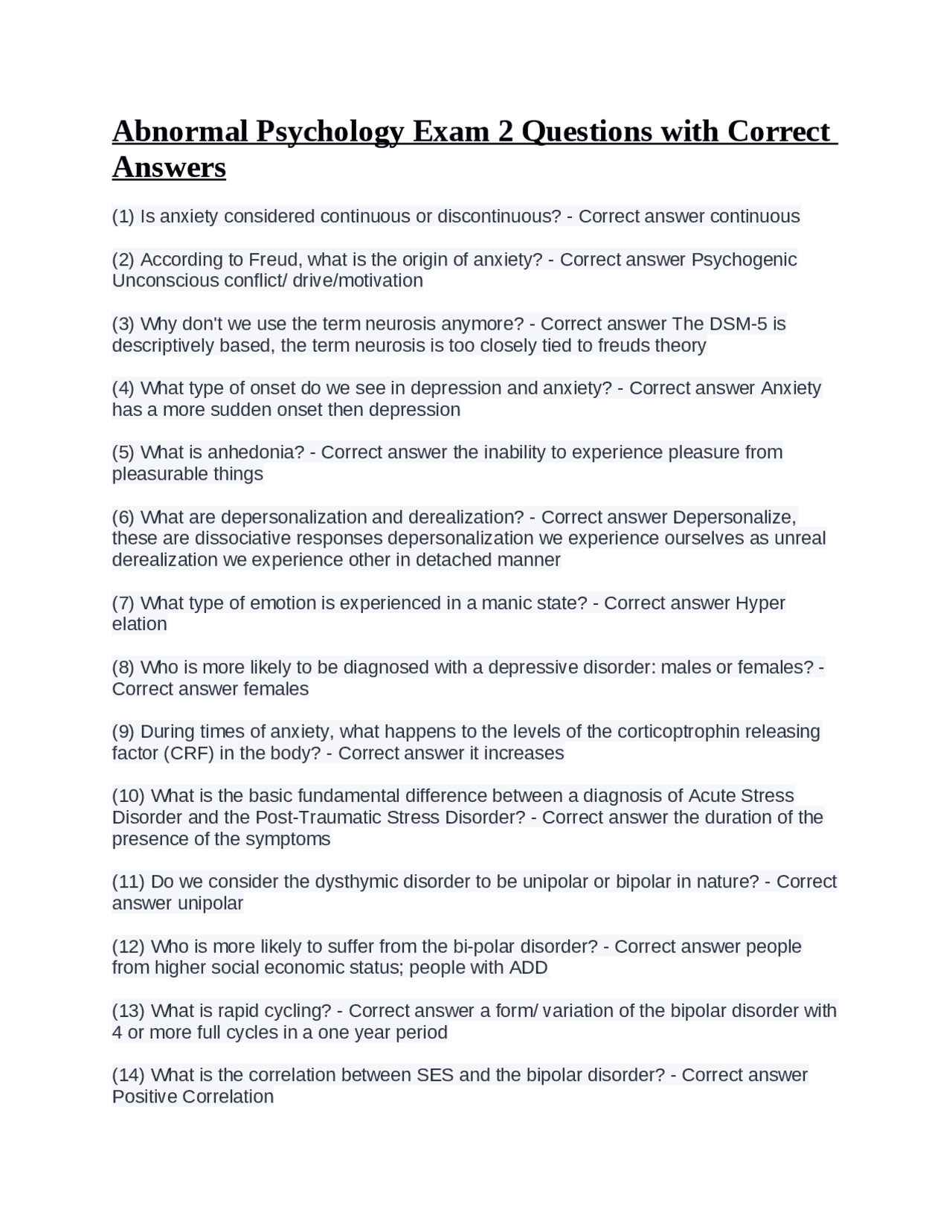 Abnormal Psychology Exam 2 Questions with Correct Answers | Exams ...