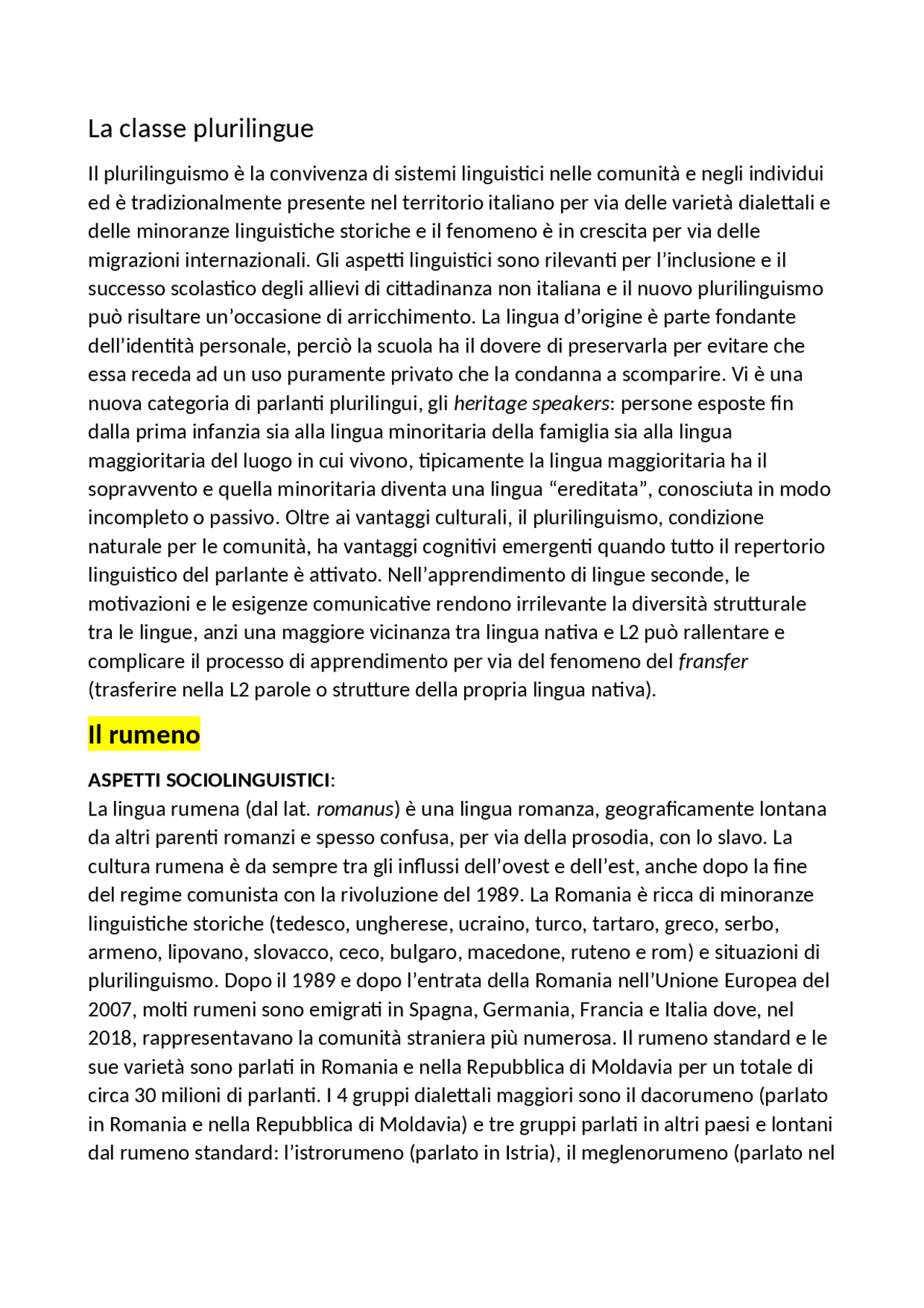 Riassunto libro La classe plurilingue | Appunti di Glottologia | Docsity