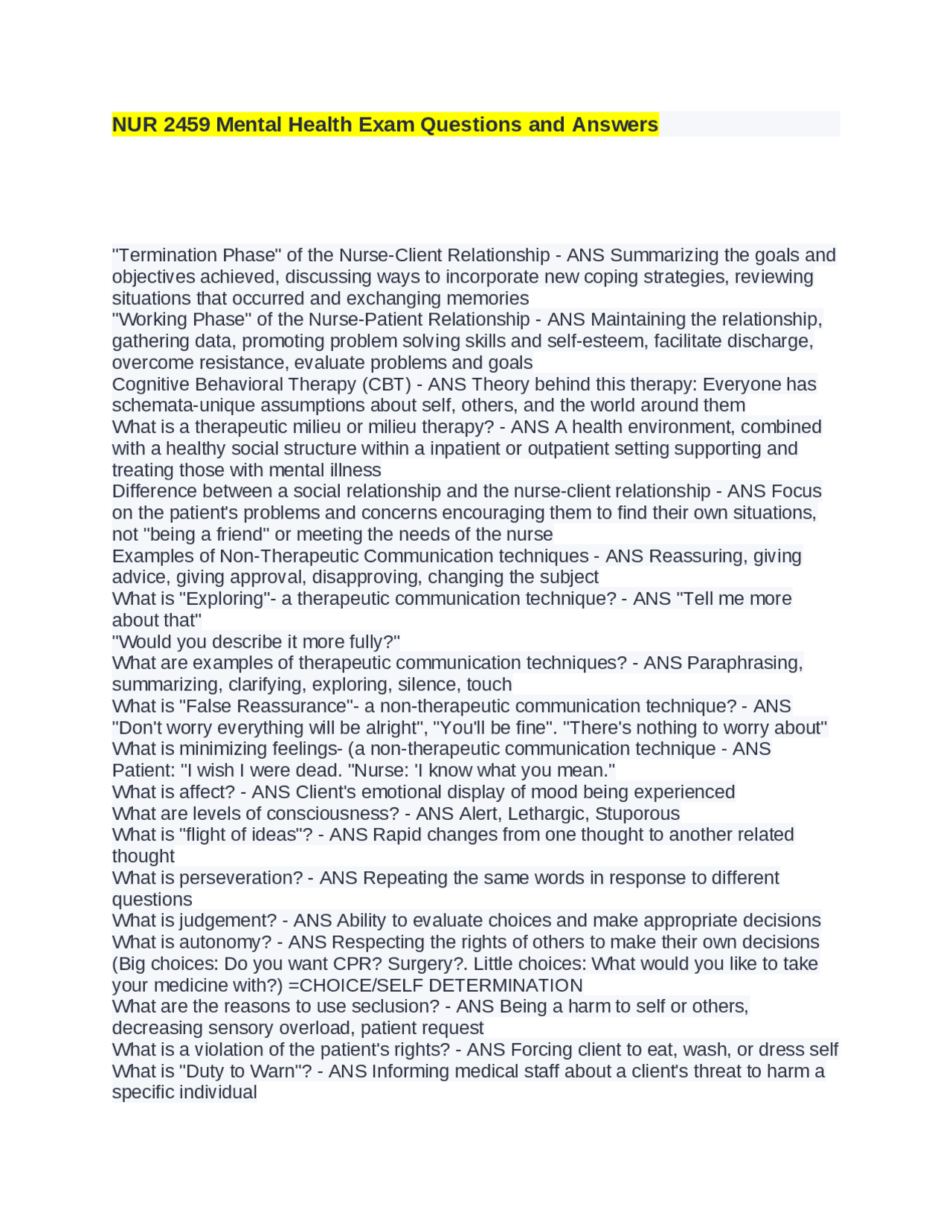 Mental Health Nursing Exam: Communication Techniques, CBT, and Mental ...