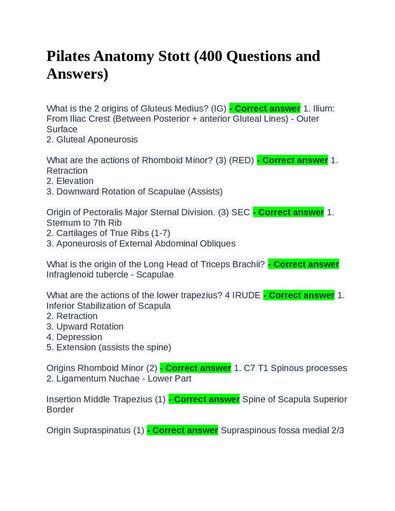 Pilates Anatomy Stott (400 Questions and Answers) | Exams Anatomy | Docsity
