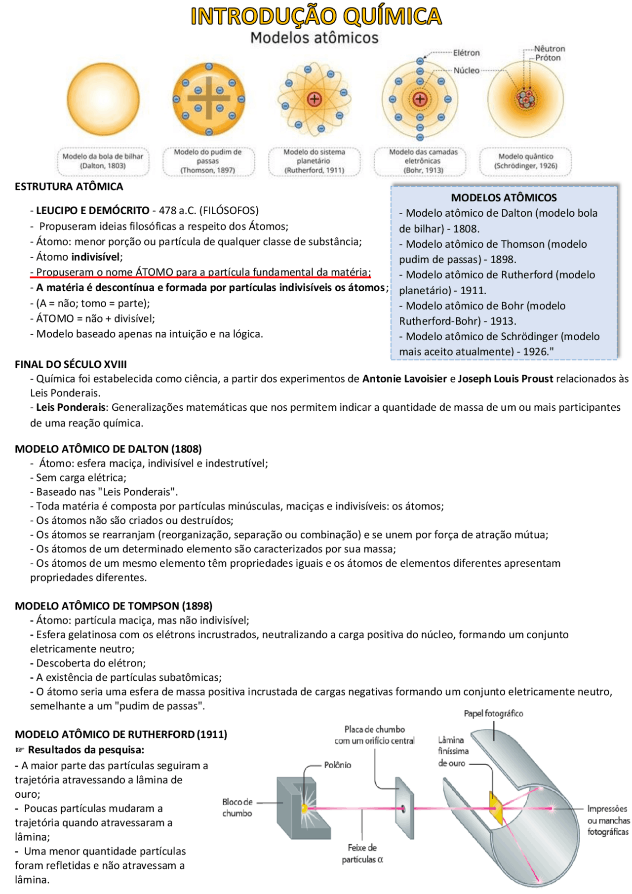 História e Modelos Atômicos | Resumos Química | Docsity