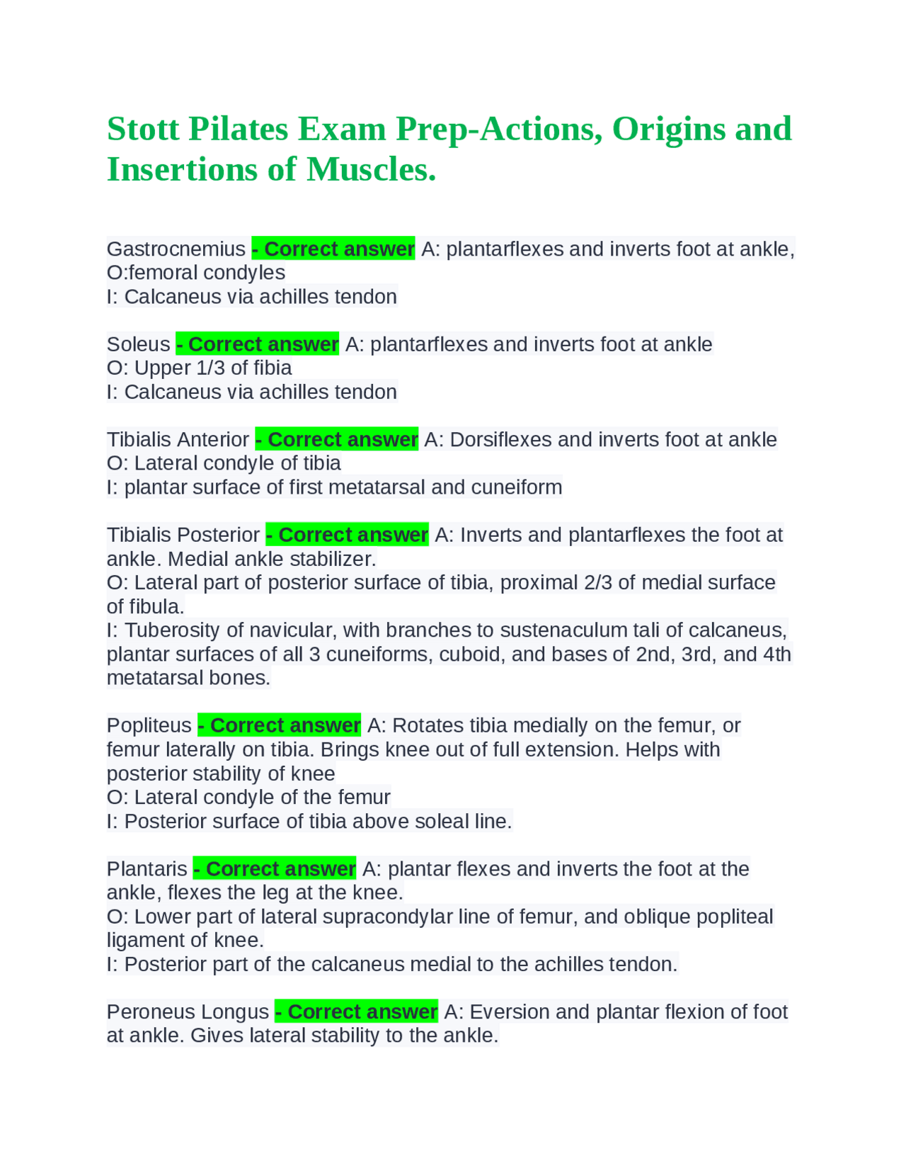 Stott Pilates Exam Prep-Actions, Origins and Insertions of Muscles ...