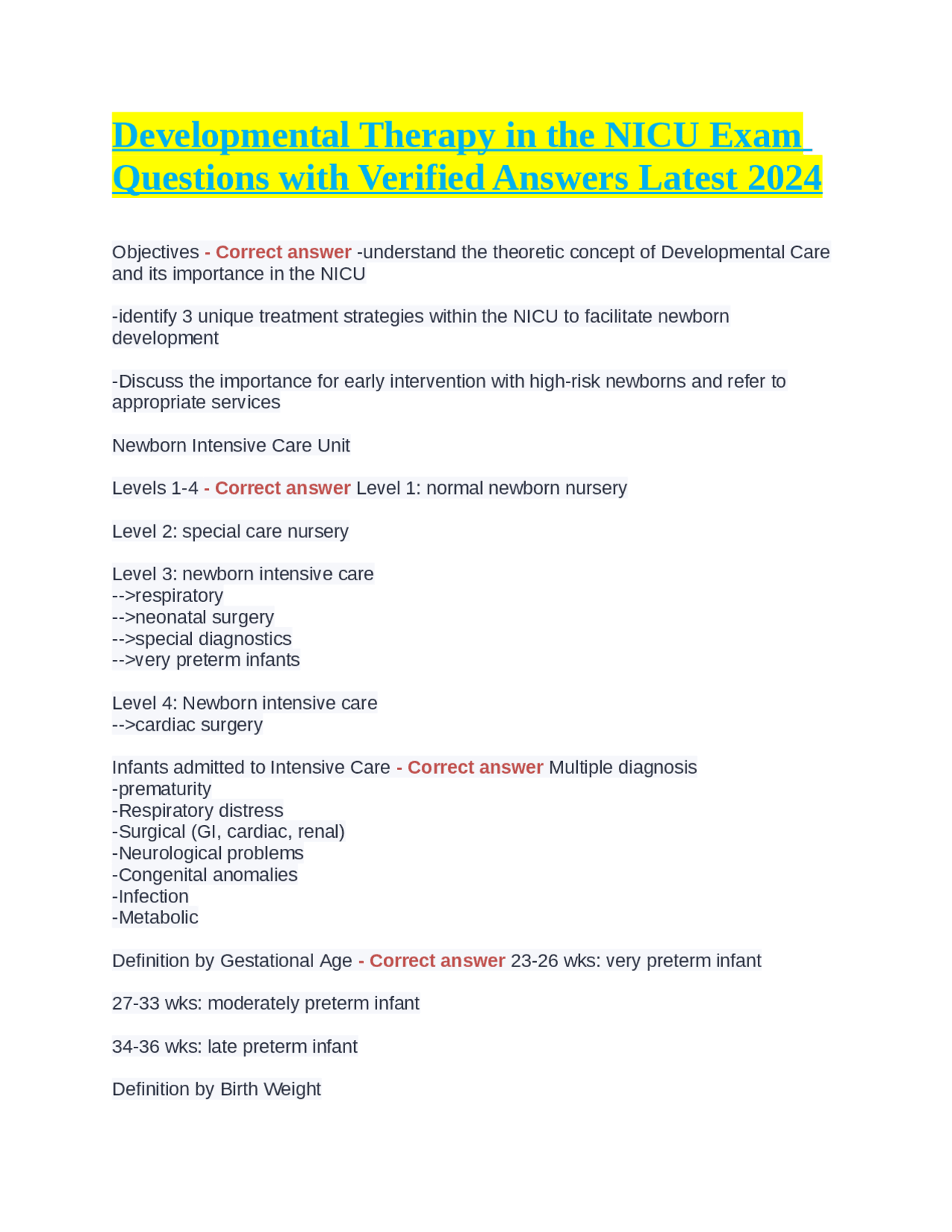 Developmental Therapy in the NICU Exam Questions with Verified Answers ...